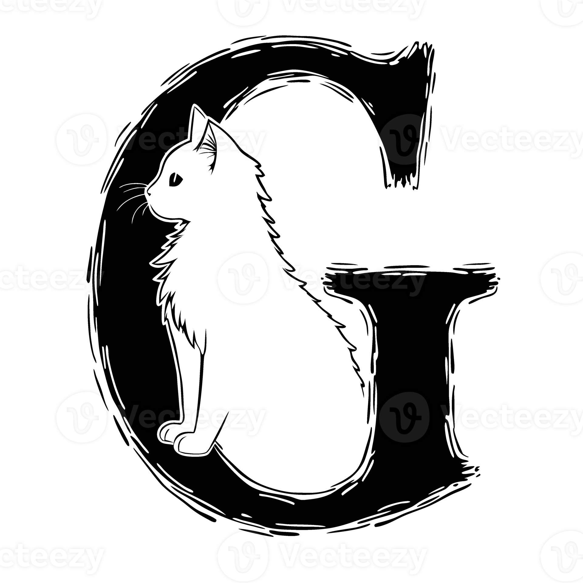 A silhouette of a cat is positioned inside a large white letter G cutouts 51901068 PNG