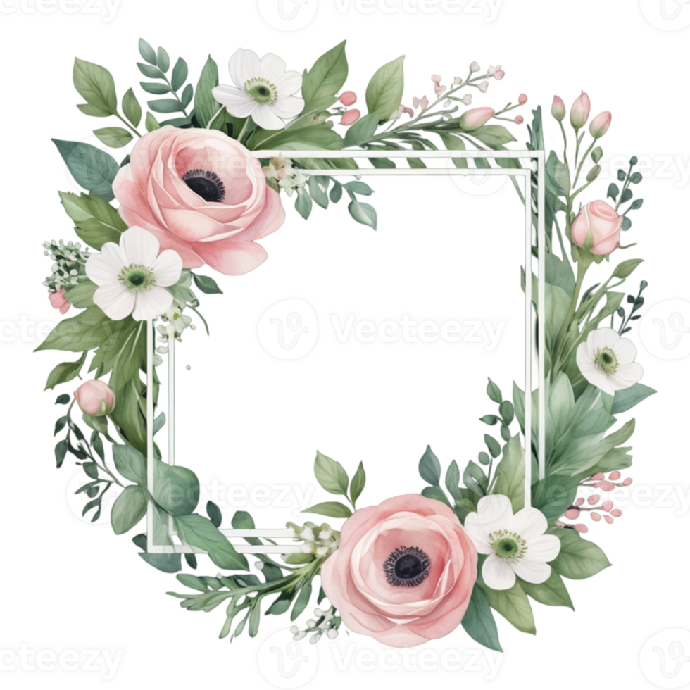 Watercolor Floral Frame With Pink Roses And Green Leaves 51948435 Png