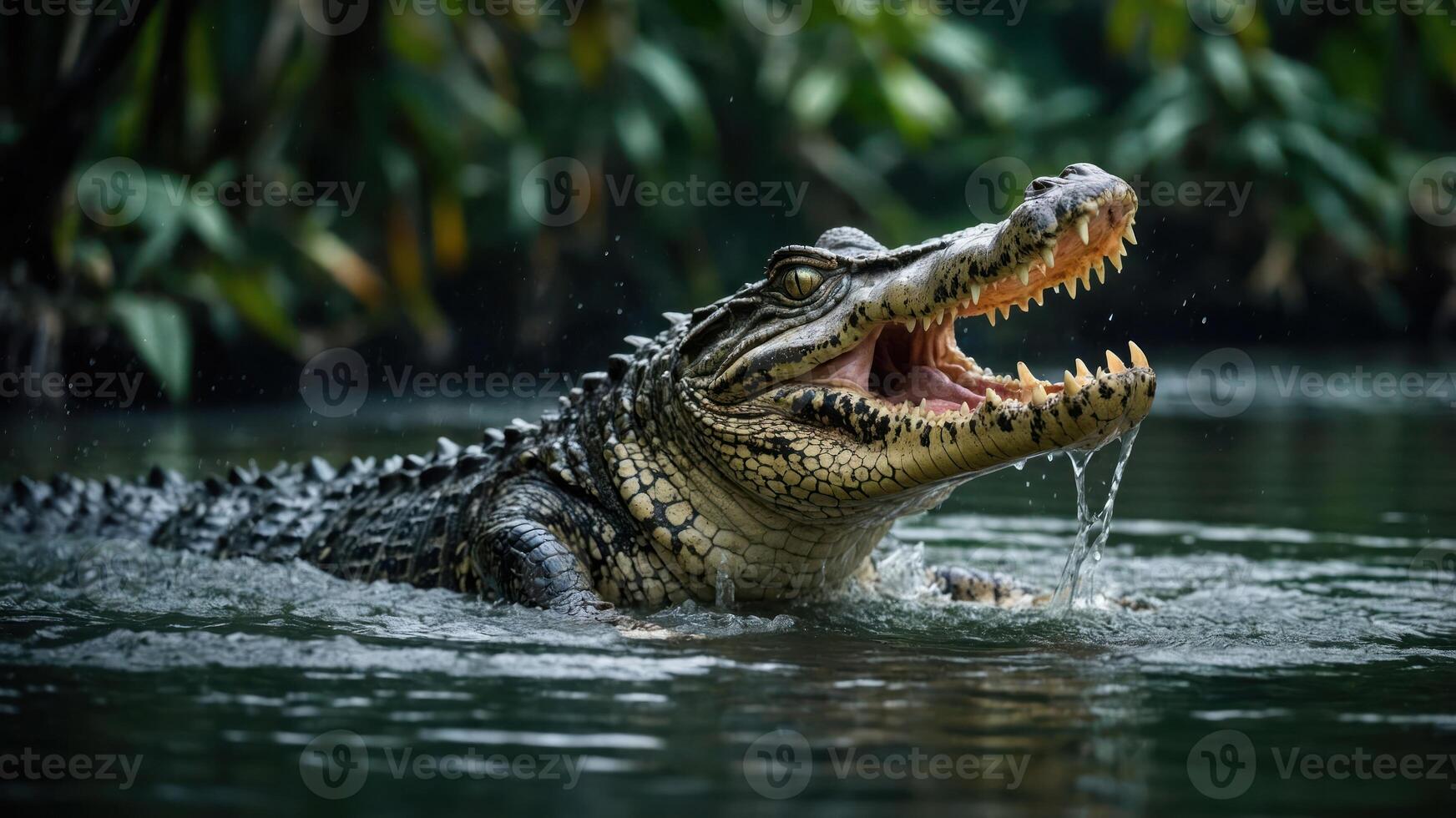 A crocodile emerges from the water, showcasing its powerful jaws and ...