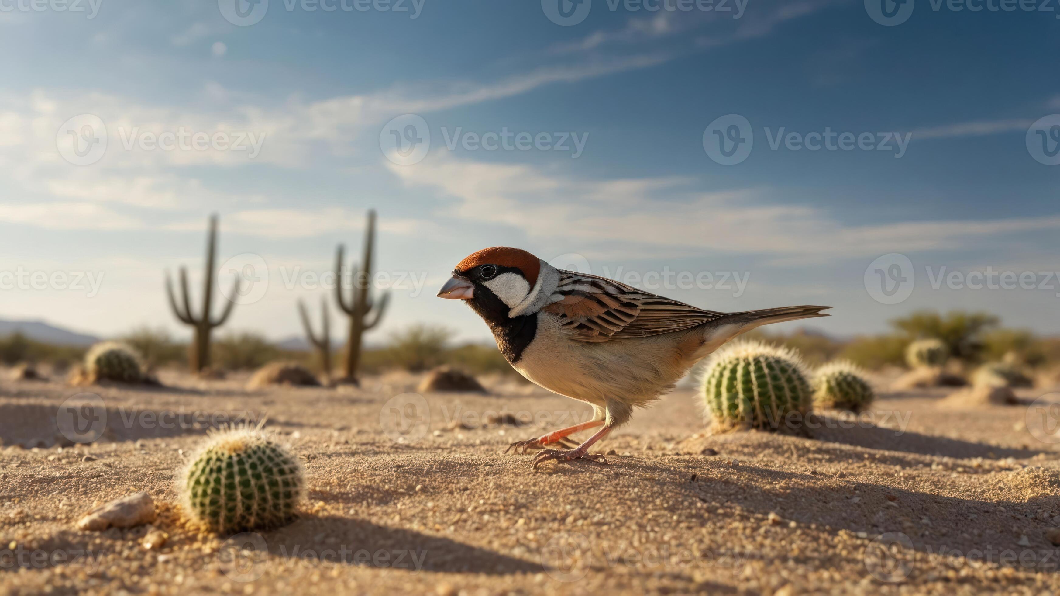 A bird walks across a sandy desert landscape dotted with cacti under a blue sky. 51954870 Stock ...
