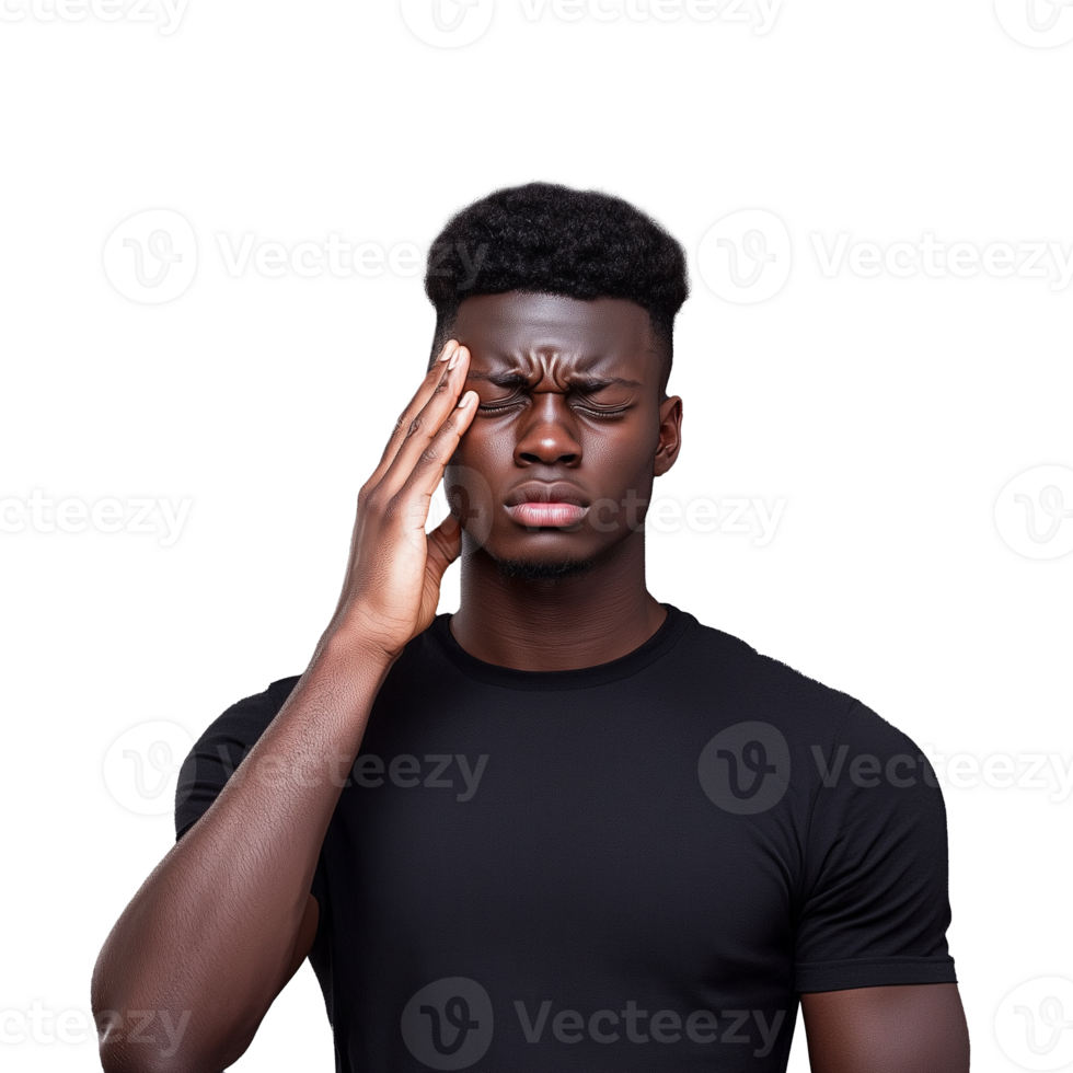 Young man in black t shirt with a distressed expression holding his ...