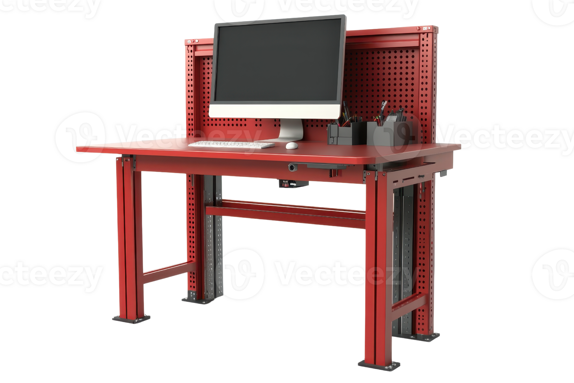 Modern red workbench with a computer monitor, keyboard, and stationery organizer on a ...