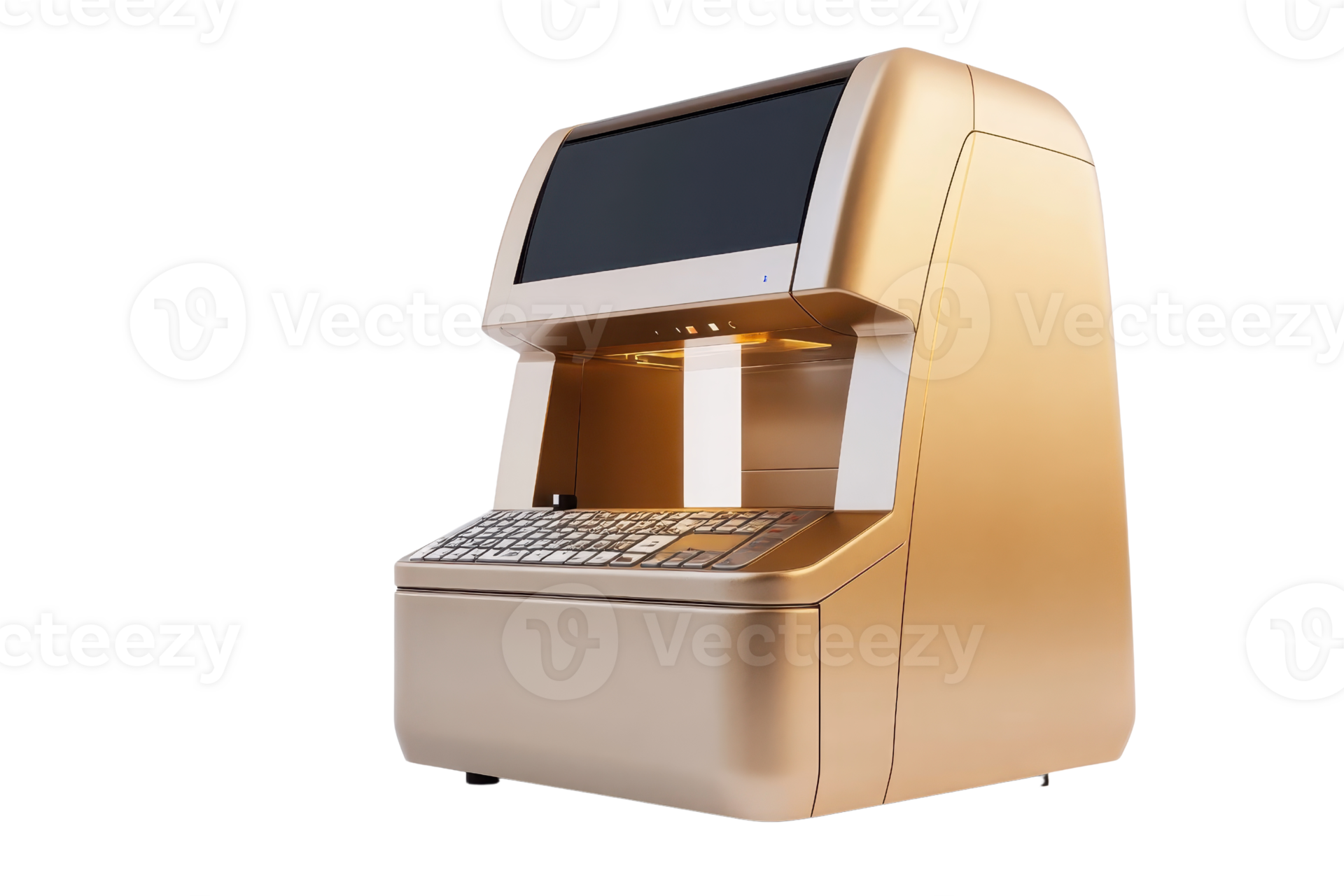 Elegant, modern golden computer terminal with integrated keyboard and ...