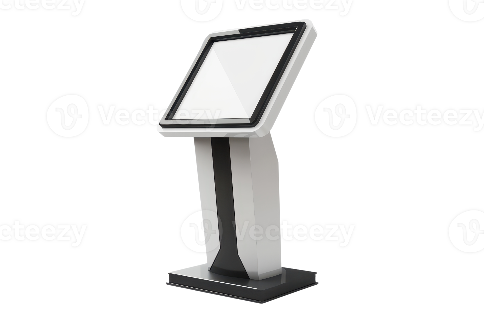 Modern self-service touchscreen kiosk for business or information display. Sleek design with ...