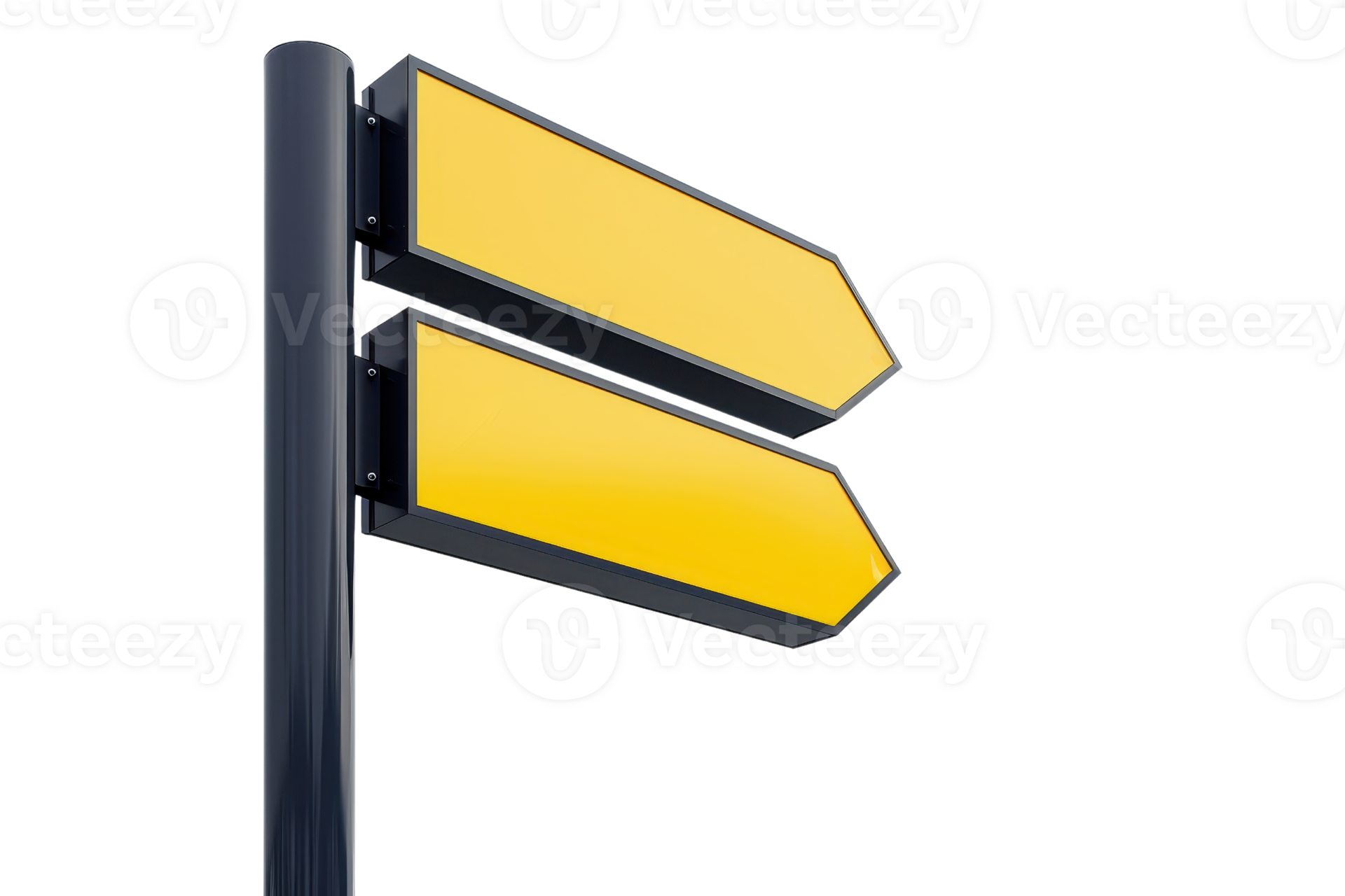 Yellow Directional Signpost With Empty Arrows Indicating Navigation Choices On A Black Pole