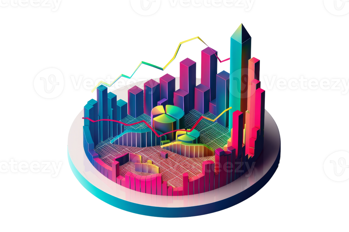 Colorful 3D data visualization chart with various graphs, bars, and lines, depicting business ...