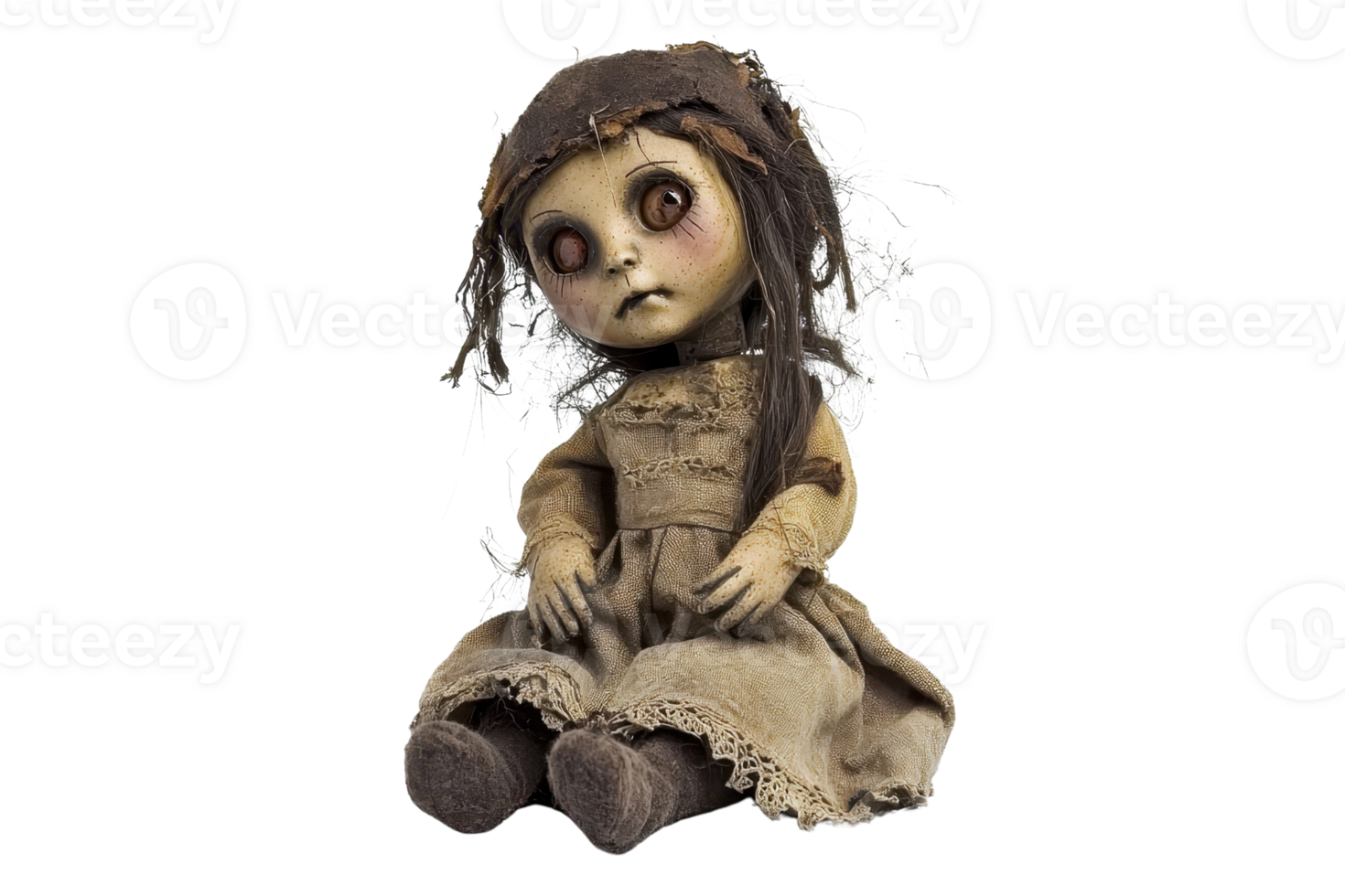Creepy vintage doll with worn clothes, ragged hair, and eerie eyes. Perfect for Halloween ...