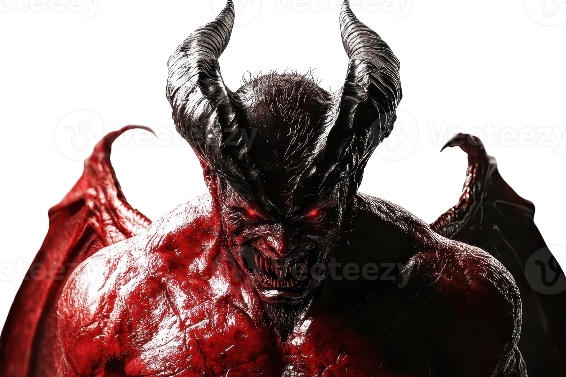 Terrifying demonic figure with glowing red eyes, sharp teeth, and large horns. Perfect concept ...