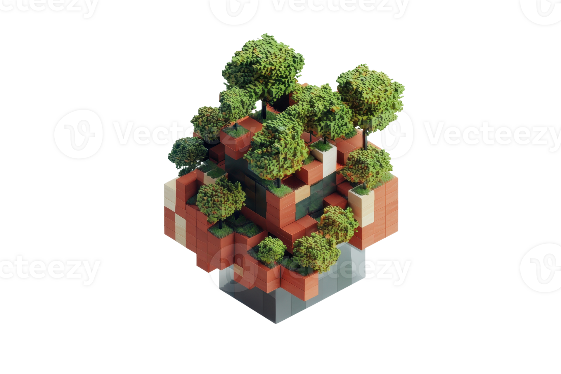 A 3D digital render of a voxel-style tree structure composed of small cubes, featuring lush ...