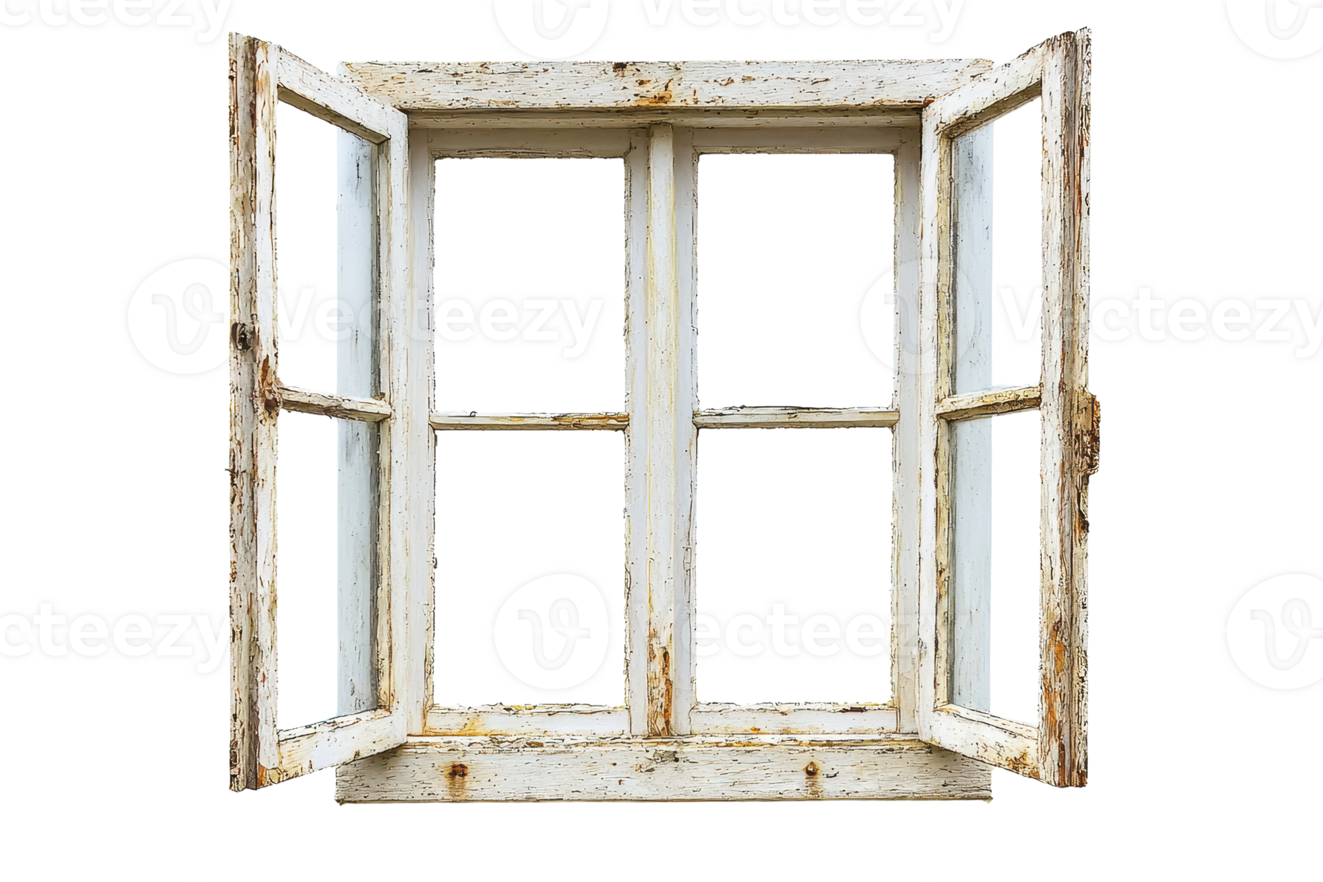 Vintage wooden window frame with open panes on isolated transparent background. showcasing ...