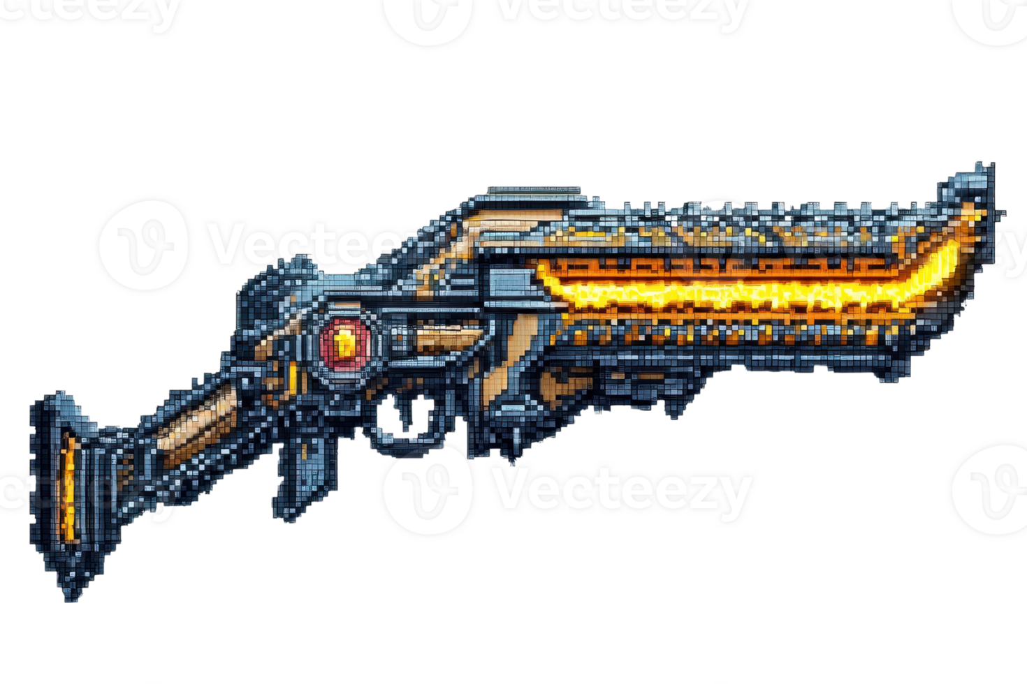 Futuristic pixel art laser gun with intricate design and glowing orange accents, perfect for sci ...