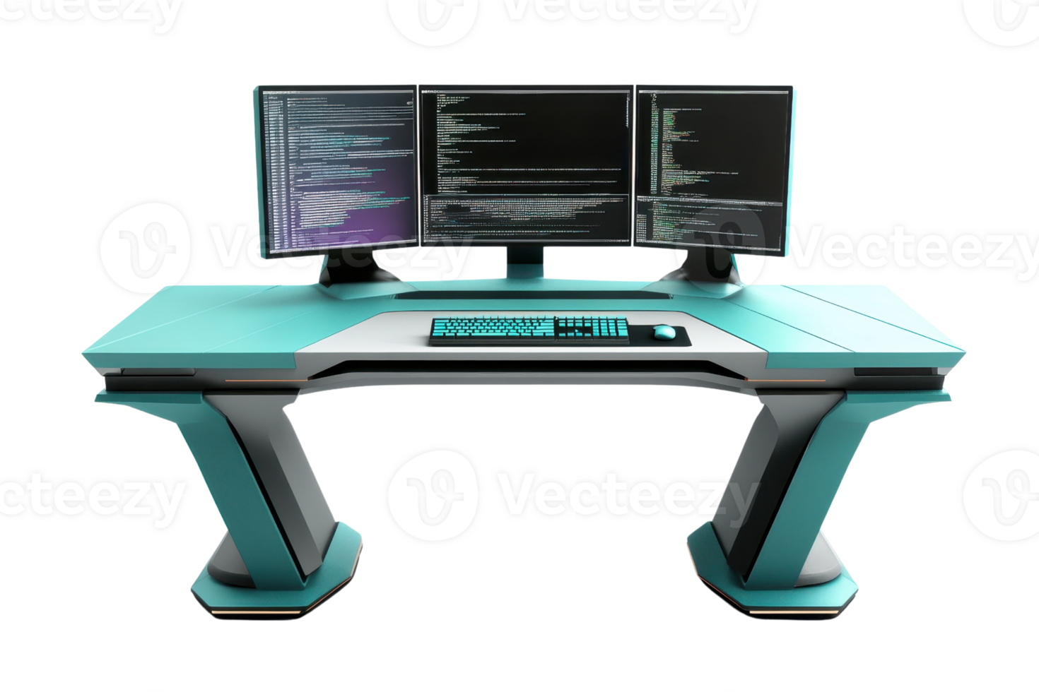 Modern Sleek Computer Workstation With Triple Monitors Displaying Code Perfect For Programmers