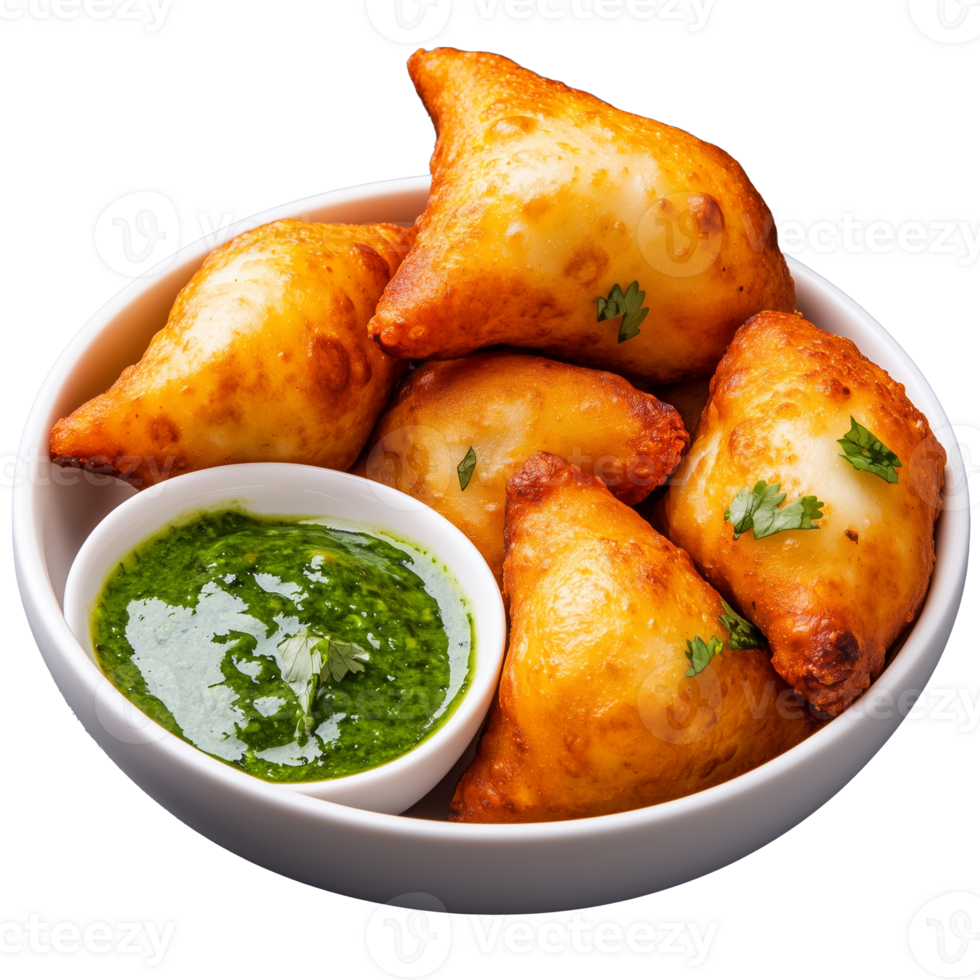 Indian samosas served with green chutney isolated on transparent ...