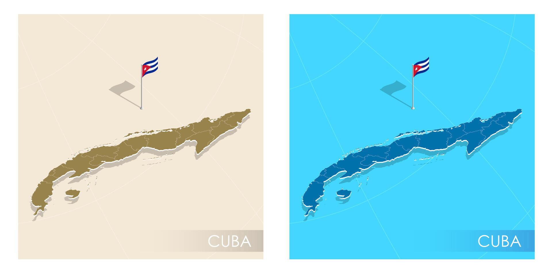 Cuba country flag installed on geographic positioning map point of country territory. Cuban ...
