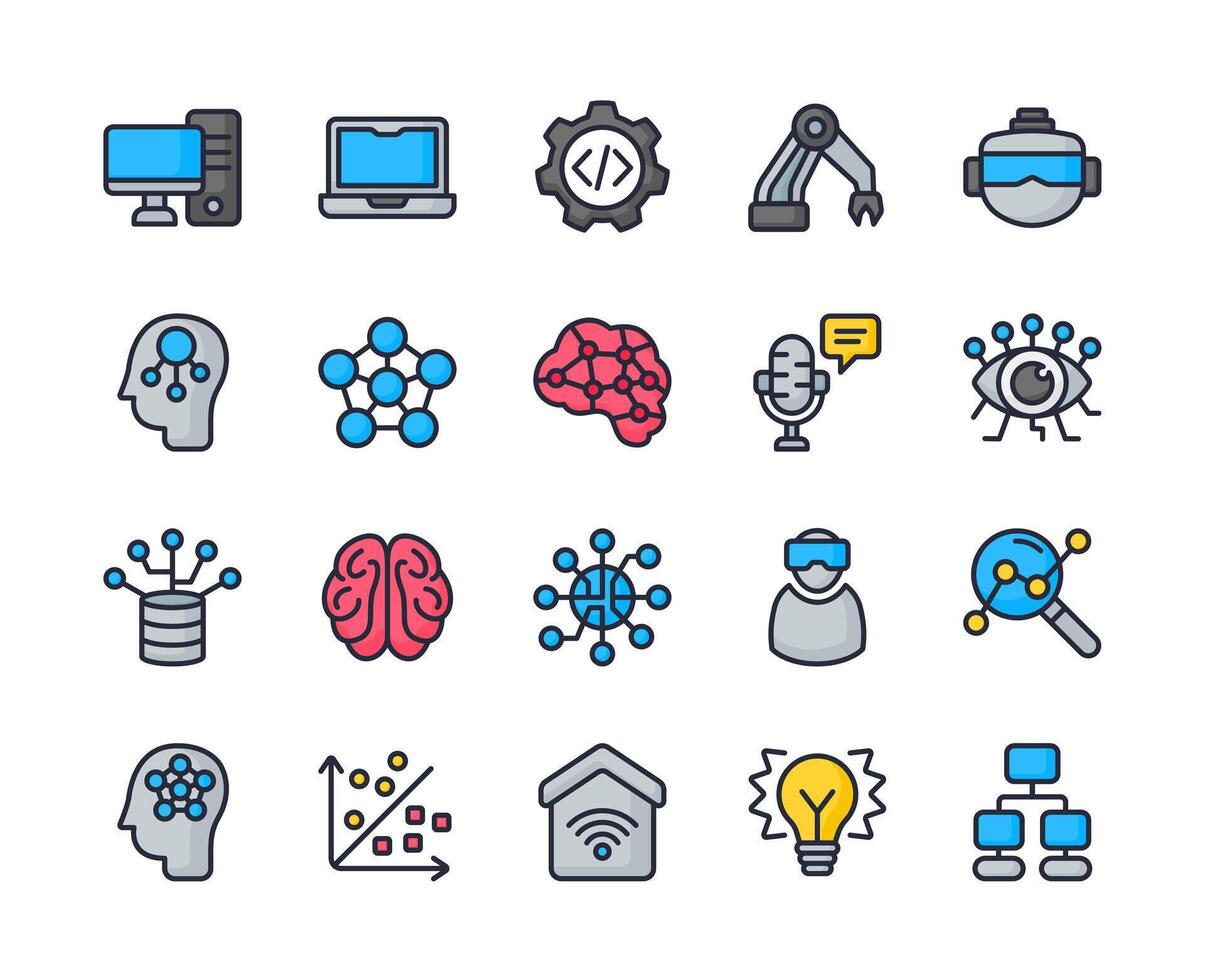 Set of Artificial intelligence icons with flat line style, Containing ...