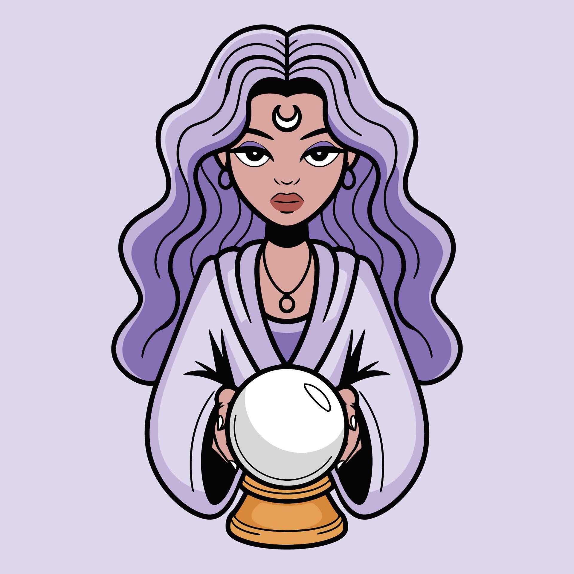 Mystical Fortune Teller Woman with Crystal Ball and Moon Symbol ...