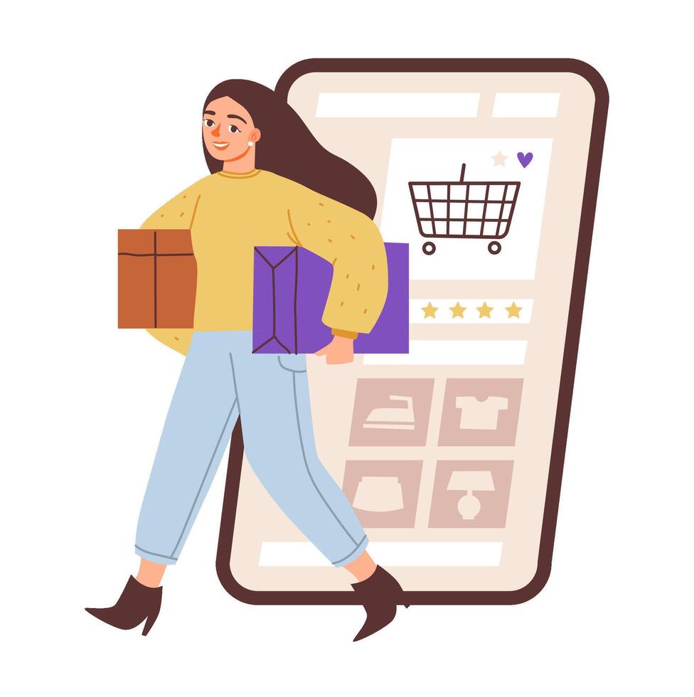 Woman shopping online using a smartphone, with packages and checkout icons. Online shopping ...