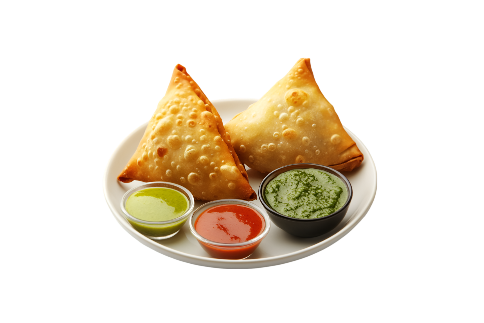 Golden fried samosas with dipping sauces isolated on a transparent ...