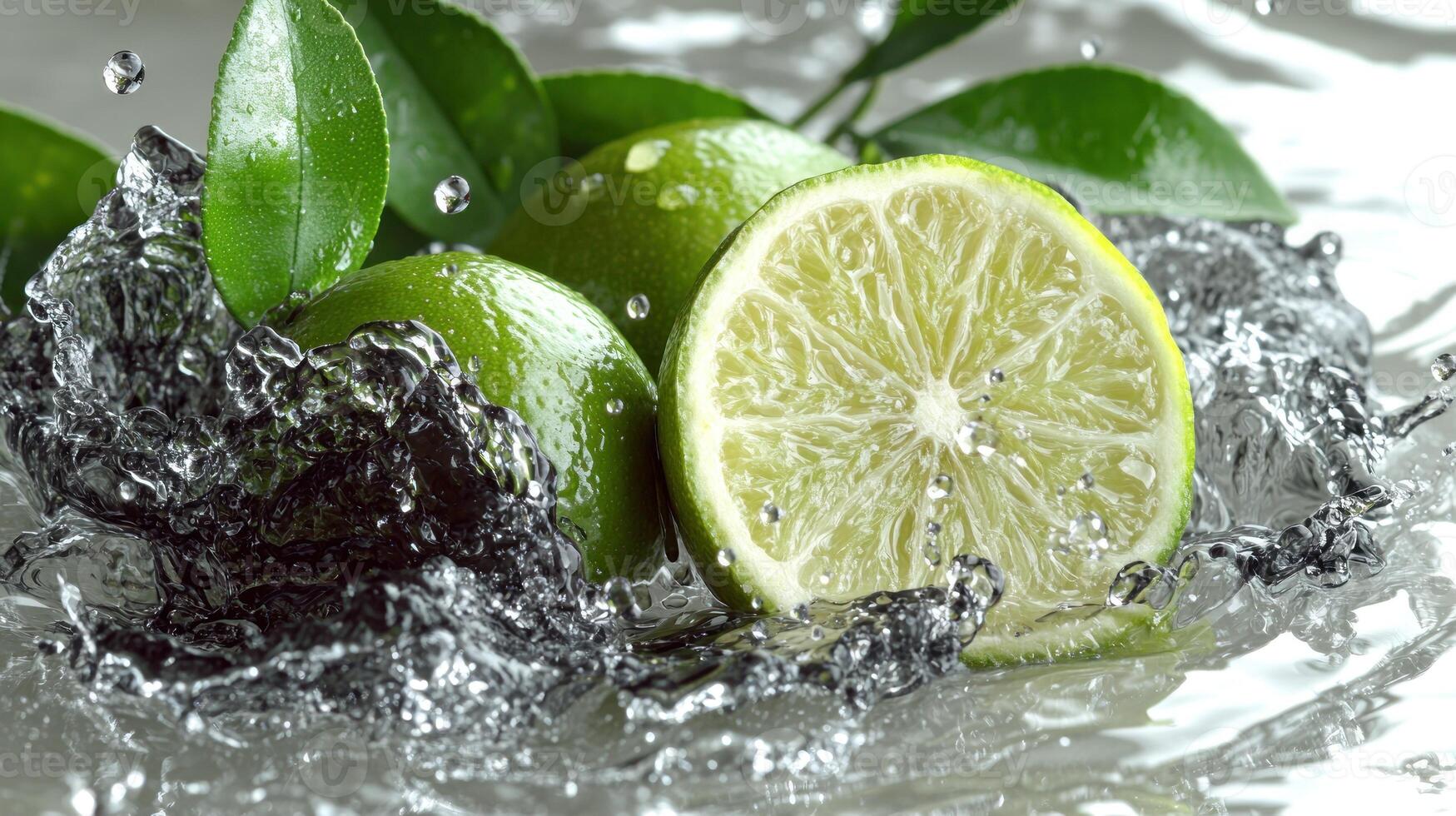 Limes are cut and dropped into water, creating a refreshing splash and lively spray 52072330 ...