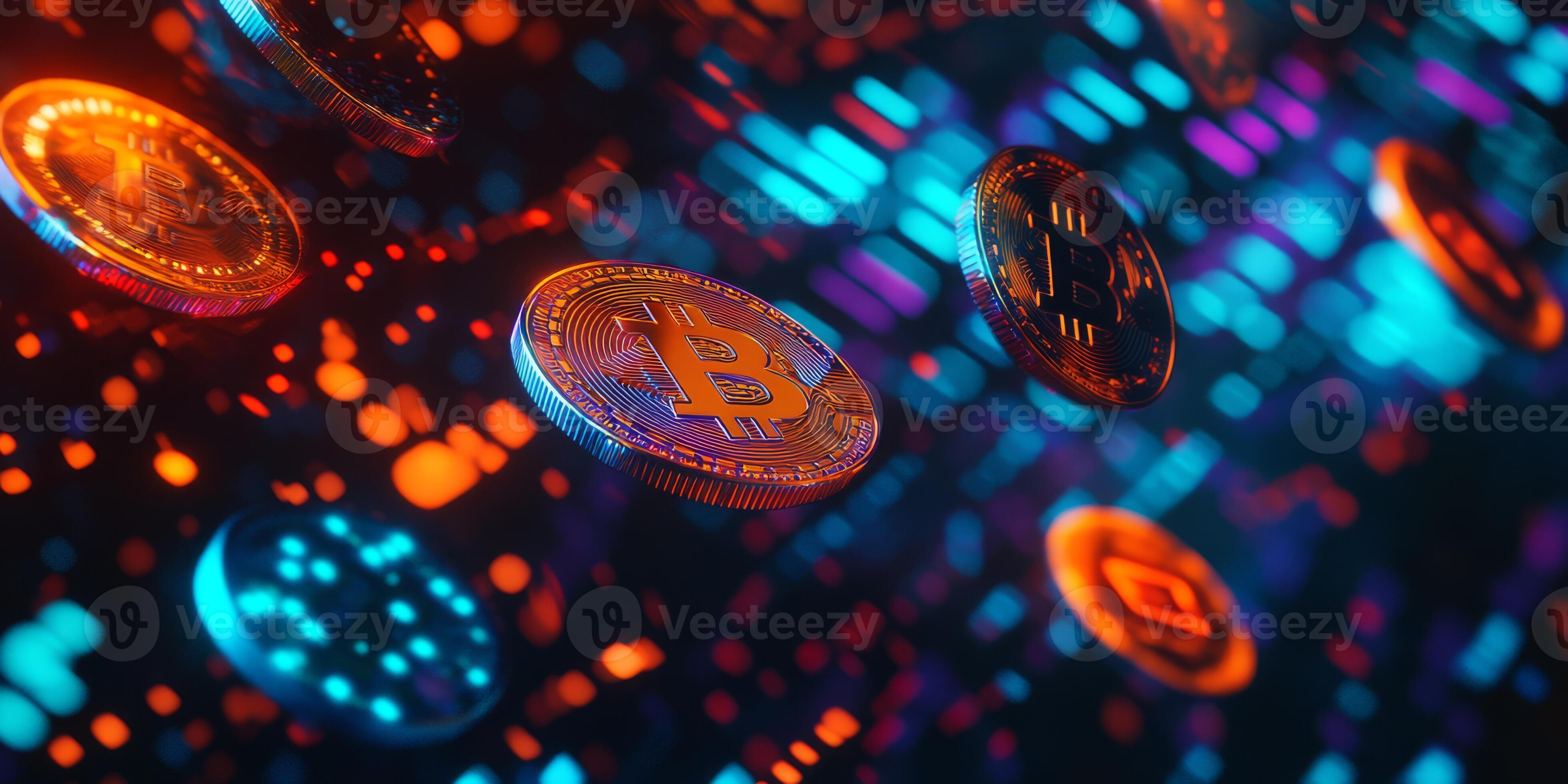 This artwork showcases shiny digital gold coins against a vibrant backdrop of flowing binary ...