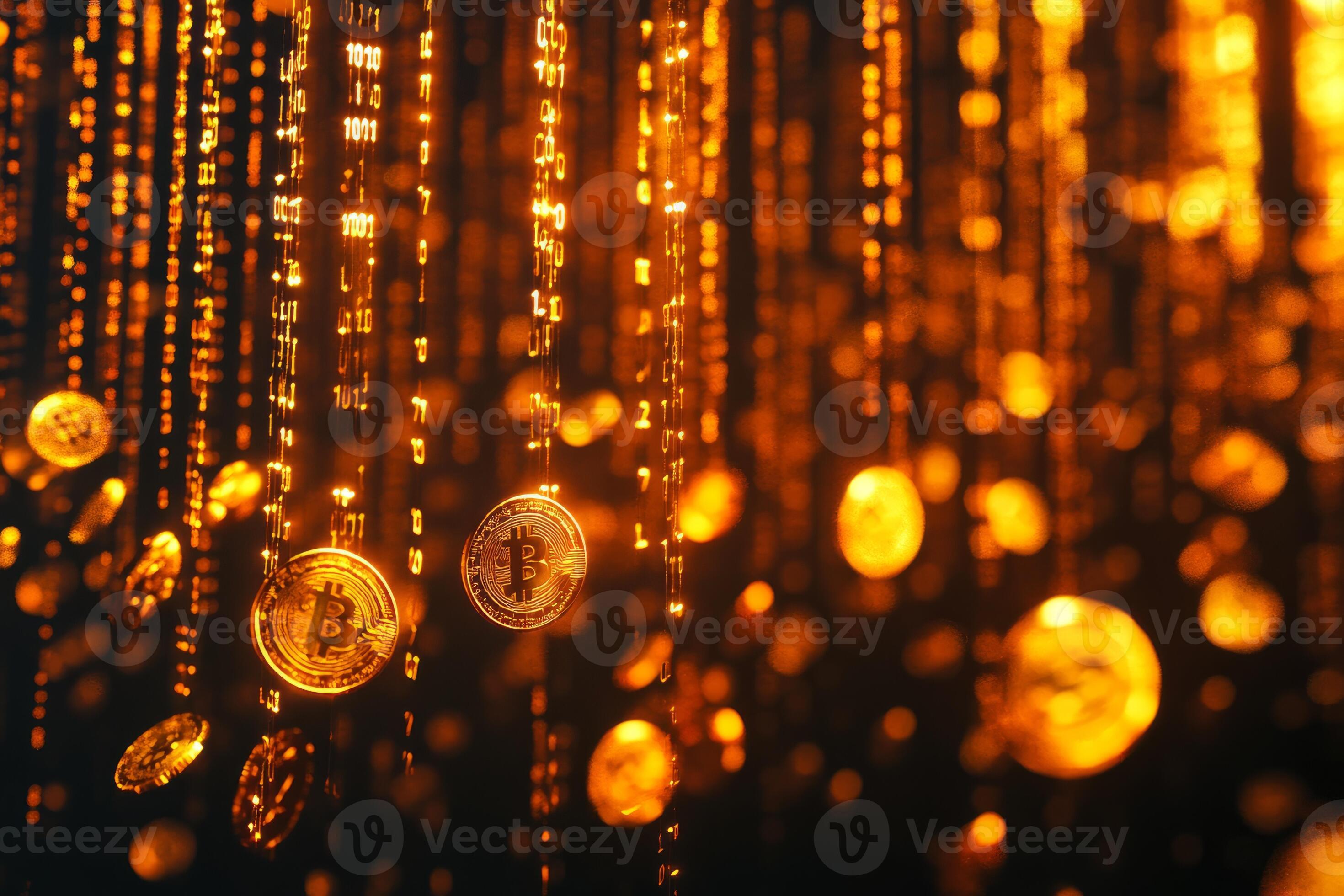 An Abstract Representation Of Gold Coins Cascading Through A Backdrop Of Binary Code