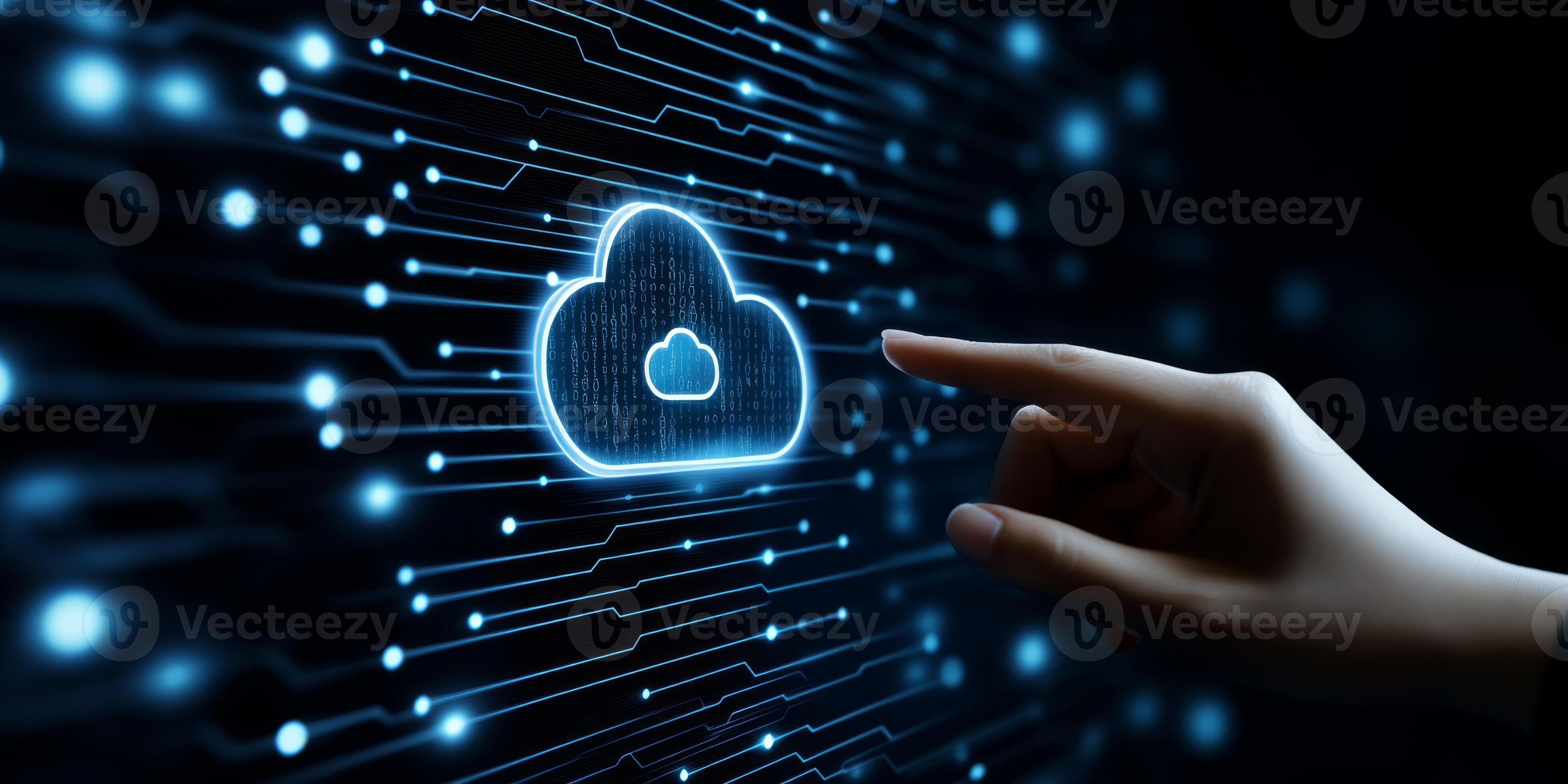 A human hand interacts with a digital interface showcasing cloud storage and connectivity ...