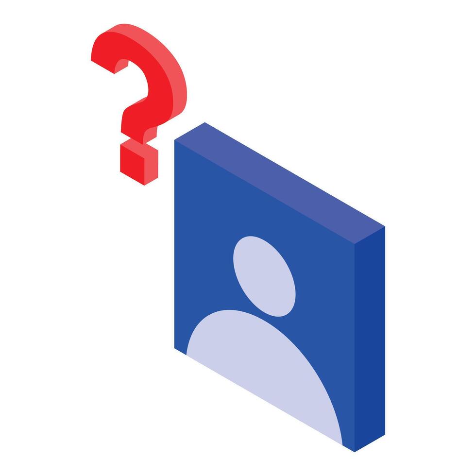Question mark hovering over user profile icon, isometric illustration of online identity and faq ...