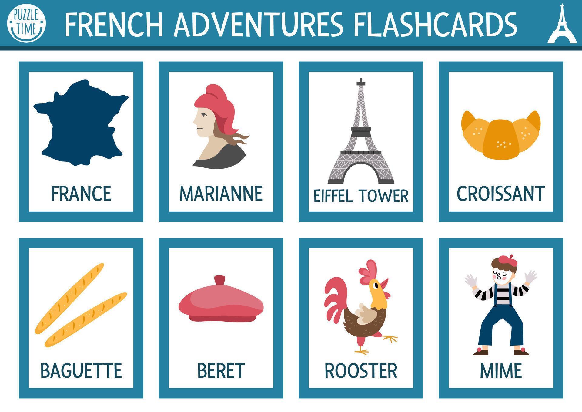 French flash cards set. English language game with cute Eiffel Tower ...