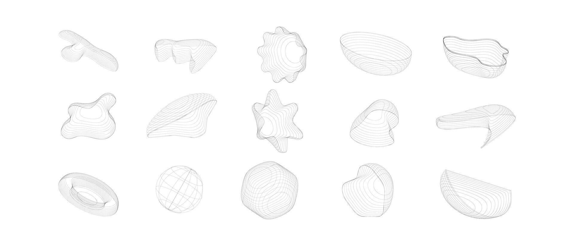 Abstract Futuristic Geometric Wireframe Shapes Set Of Trendy Cyberpunk Grid Line Elements 3d