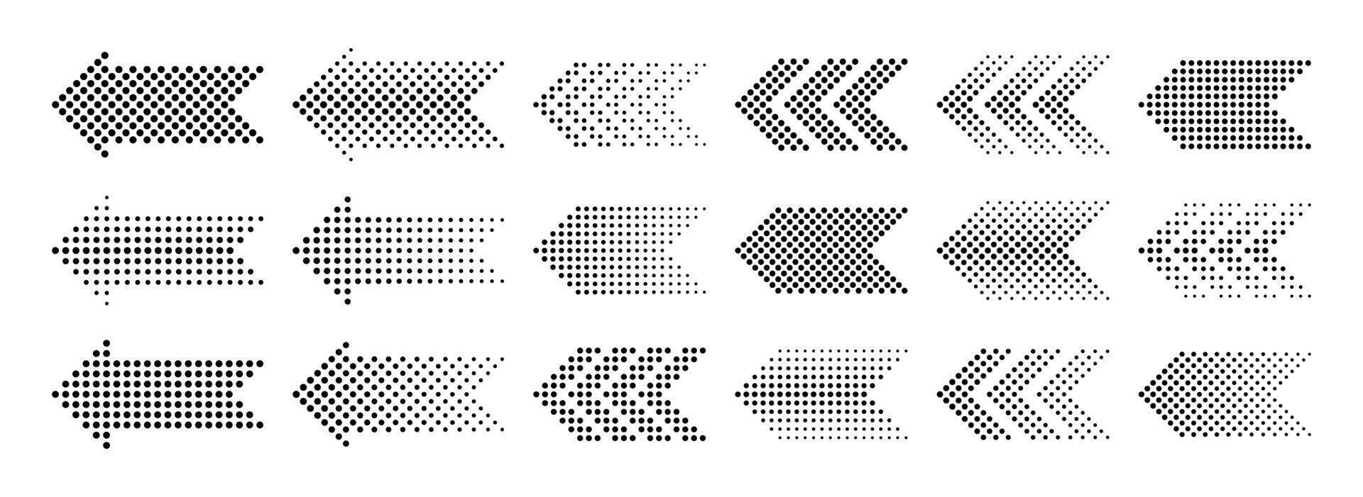 Dotted arrow icons. Halftone pointers, cursors, direction signs, sideways arrows with black dots ...