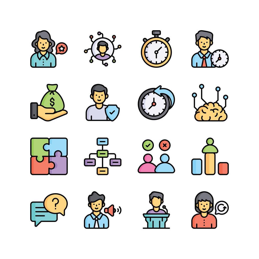 A set of modern icons representing various aspects of business ...