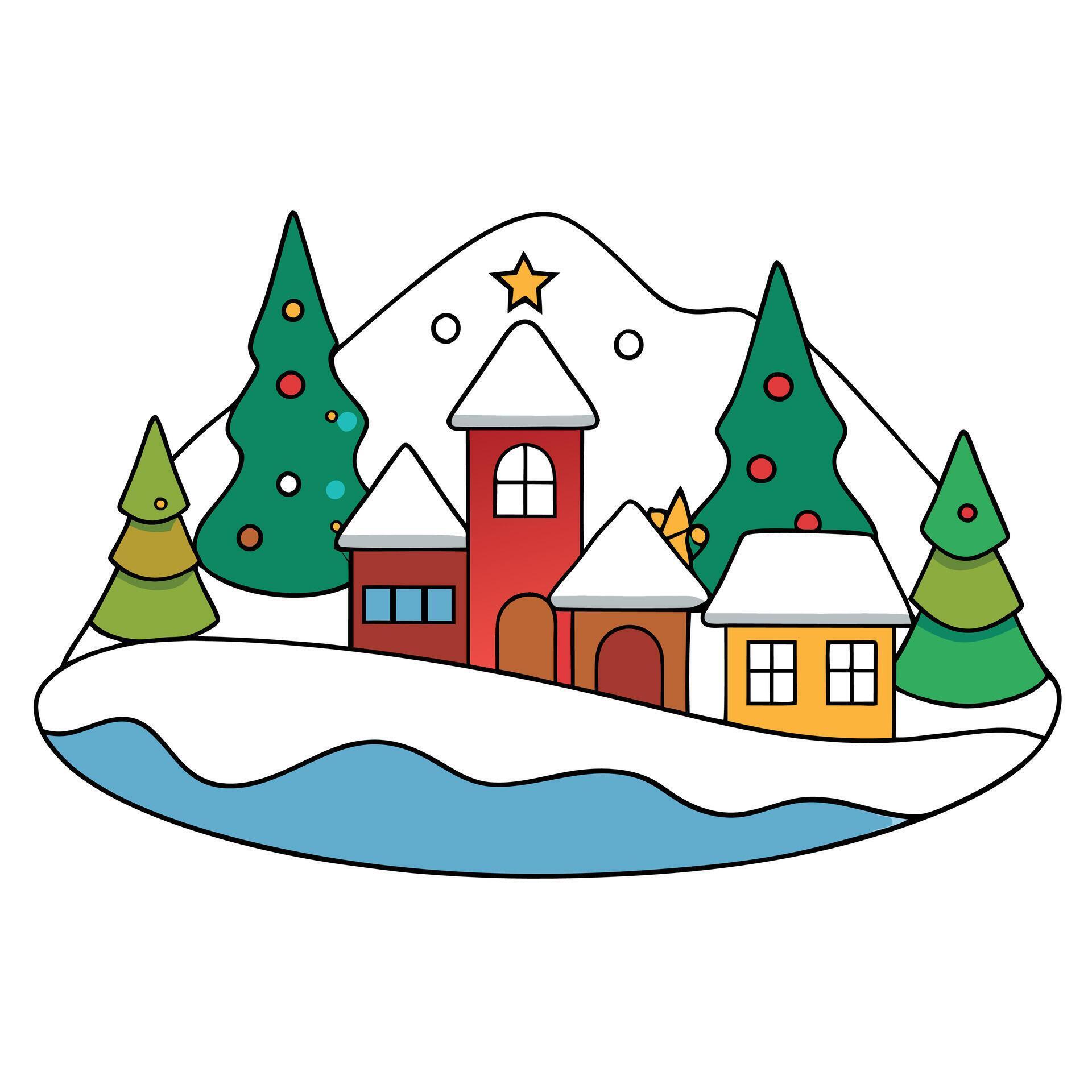 Christmas village in vintage style. Winter Christmas Landscape. Digital art 52139864 Vector Art ...