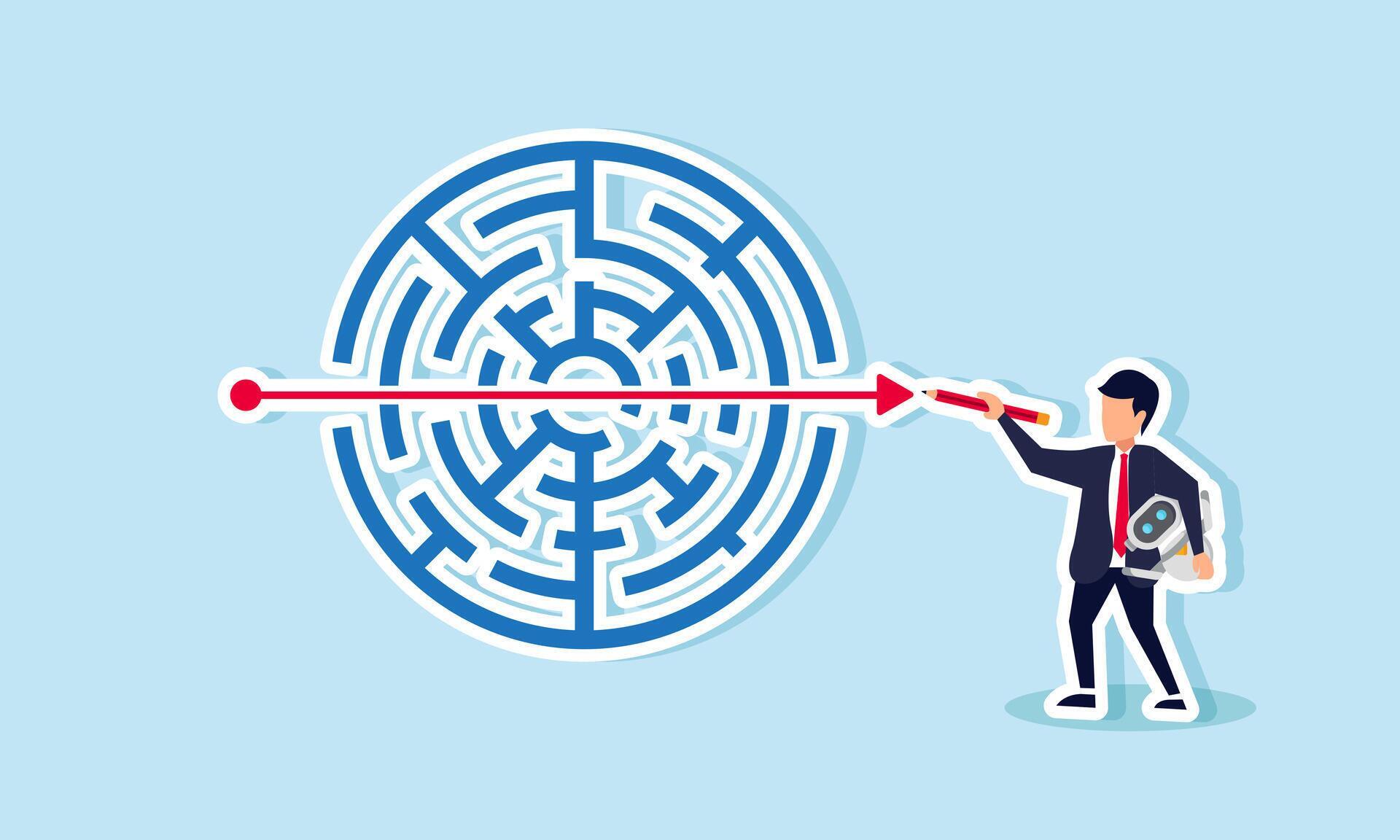 A businessman carrying an AI robot and pencil drawing a straight line on a labyrinth ...