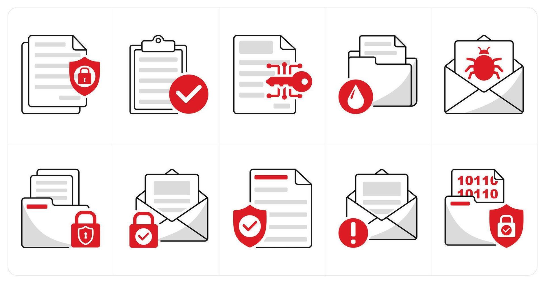 A set of 10 security icons as confidential information, verification report, data encryption ...