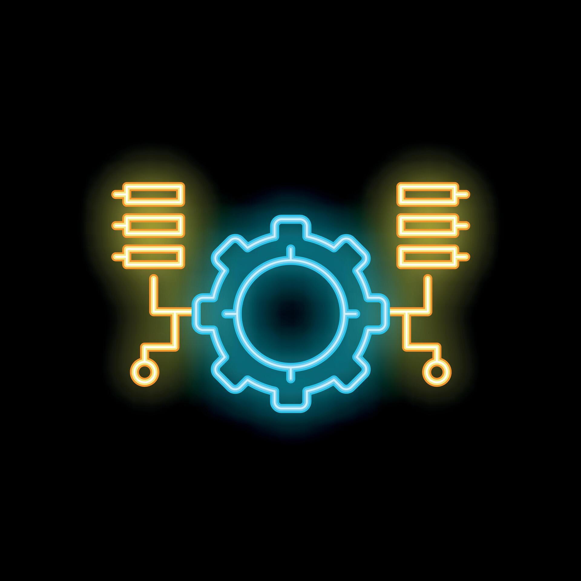 Neon icon of a gear connecting data servers representing data ...