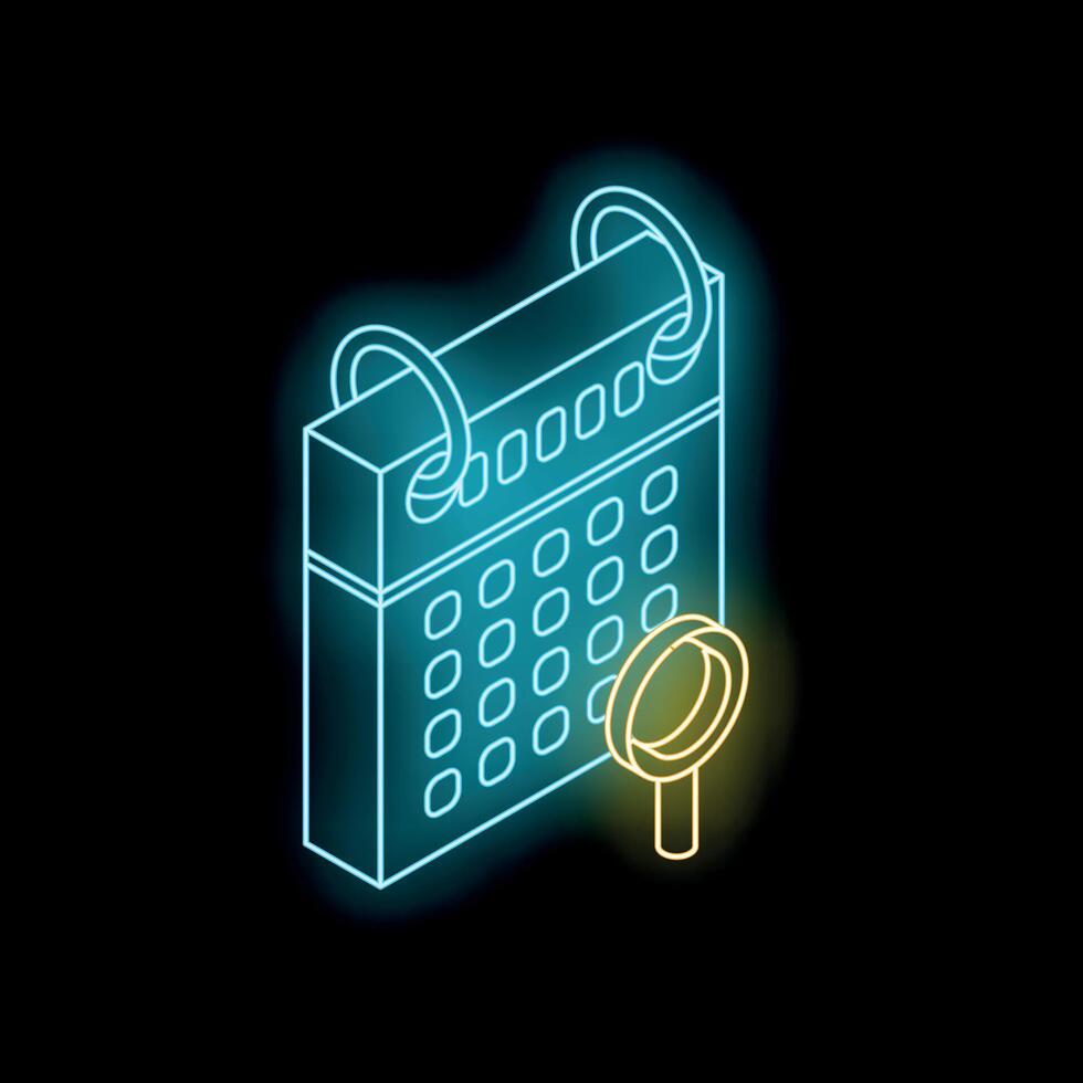 Neon calendar icon with magnifying glass searching for date 52235122 ...