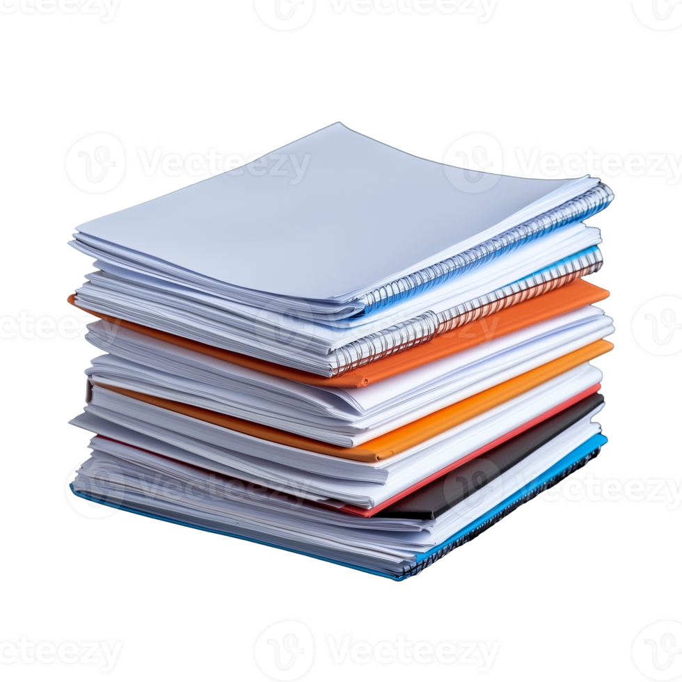 Stack of assorted paper notebooks with colorful covers on transparent ...