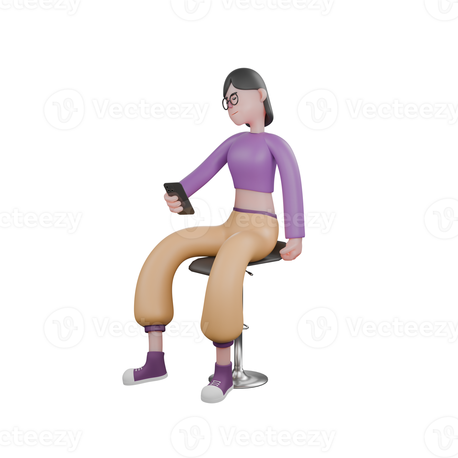 Cartoon Dance Performer In 3d A Female Dancer Sits On A Chair Holding A Smartphone In Her Left