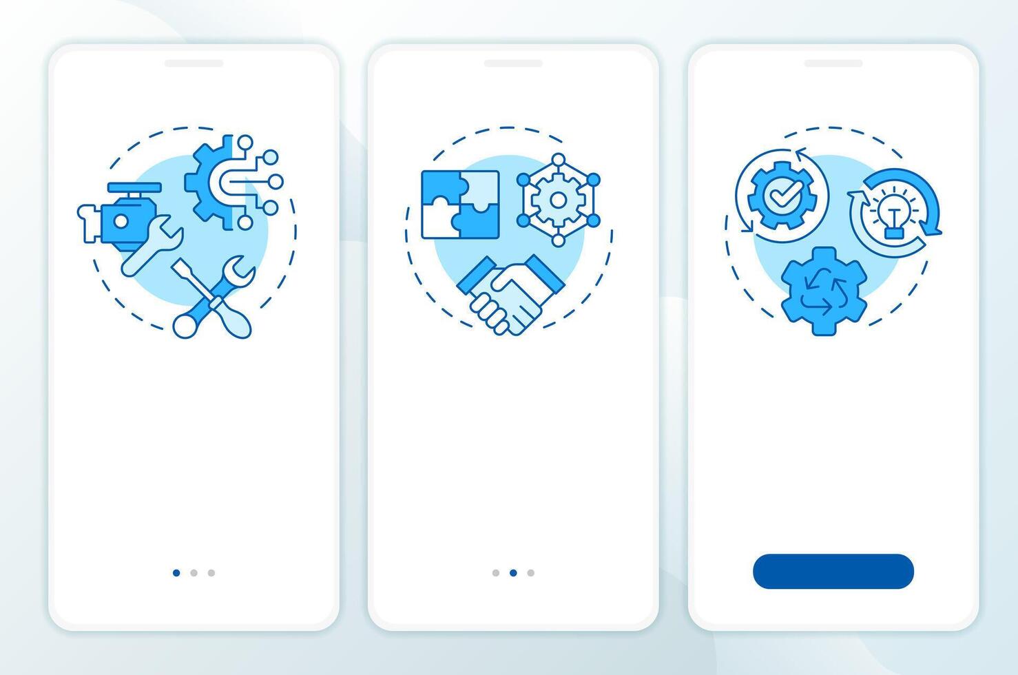 Reverse engineering uses blue onboarding mobile app screen. Walkthrough 3 steps editable graphic ...