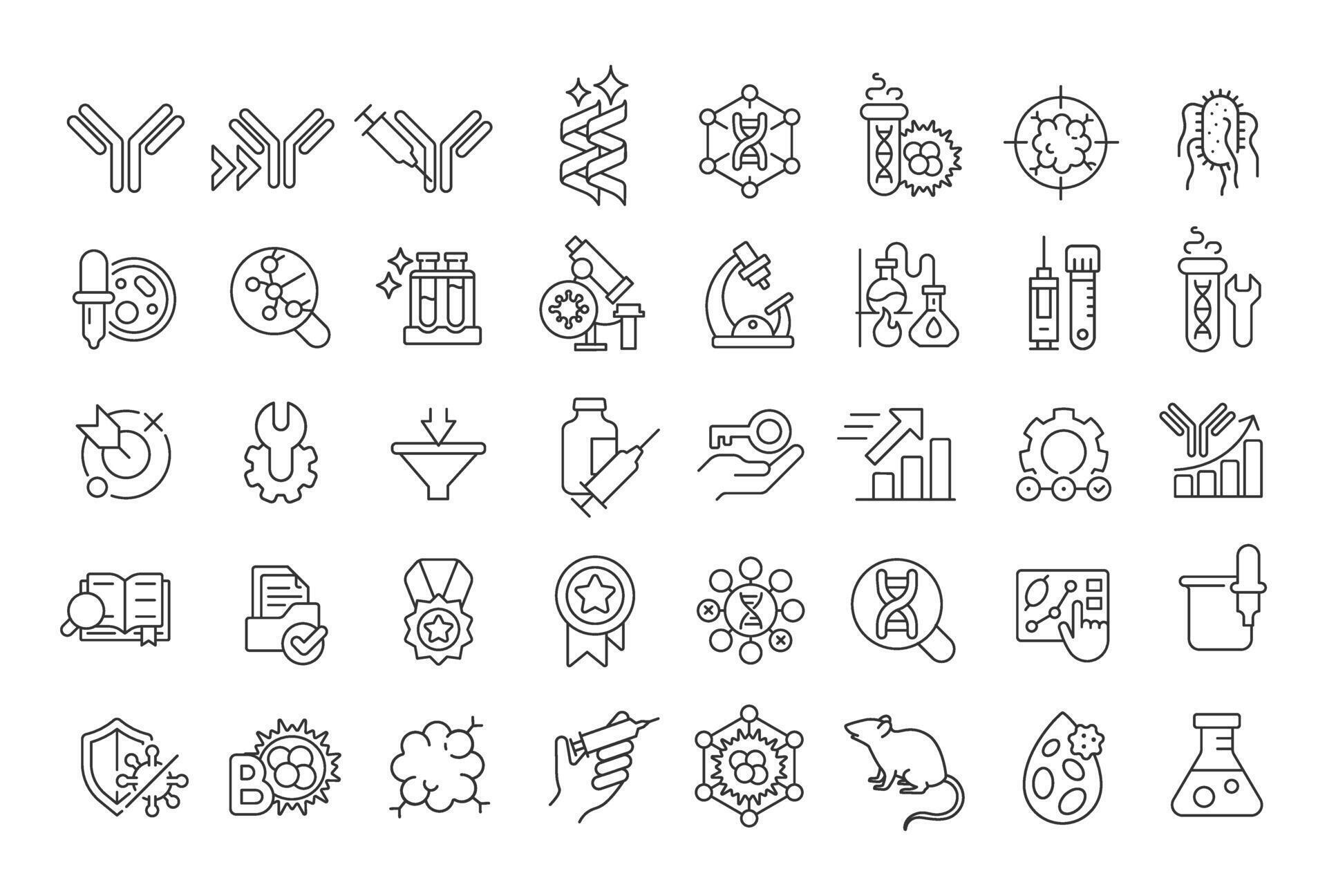 Antibody development linear icons set. Stages of research, lab equipment and scientific analysis ...