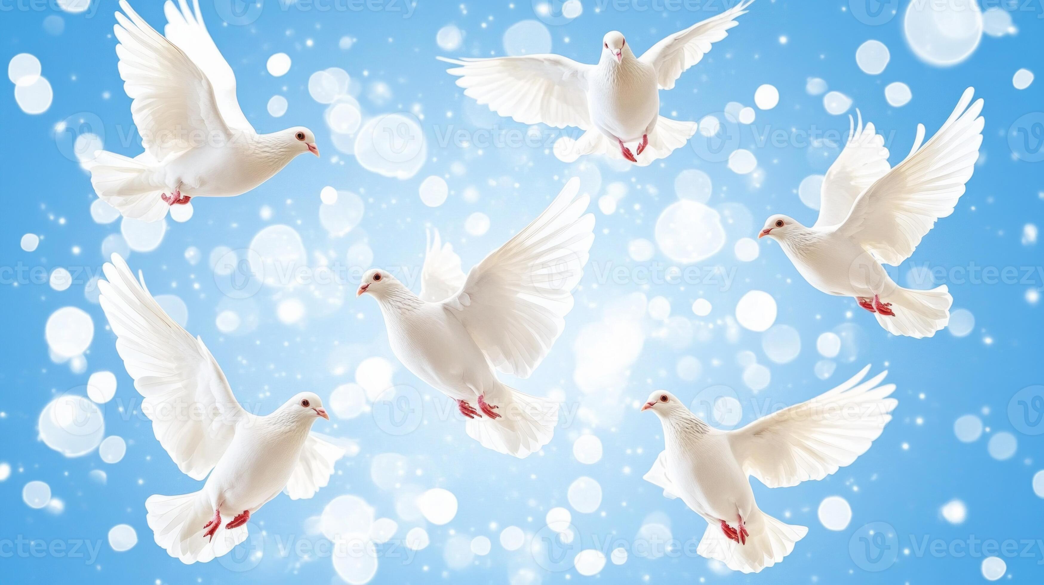 A flock of doves soaring high above in a clear blue sky symbolizes ...