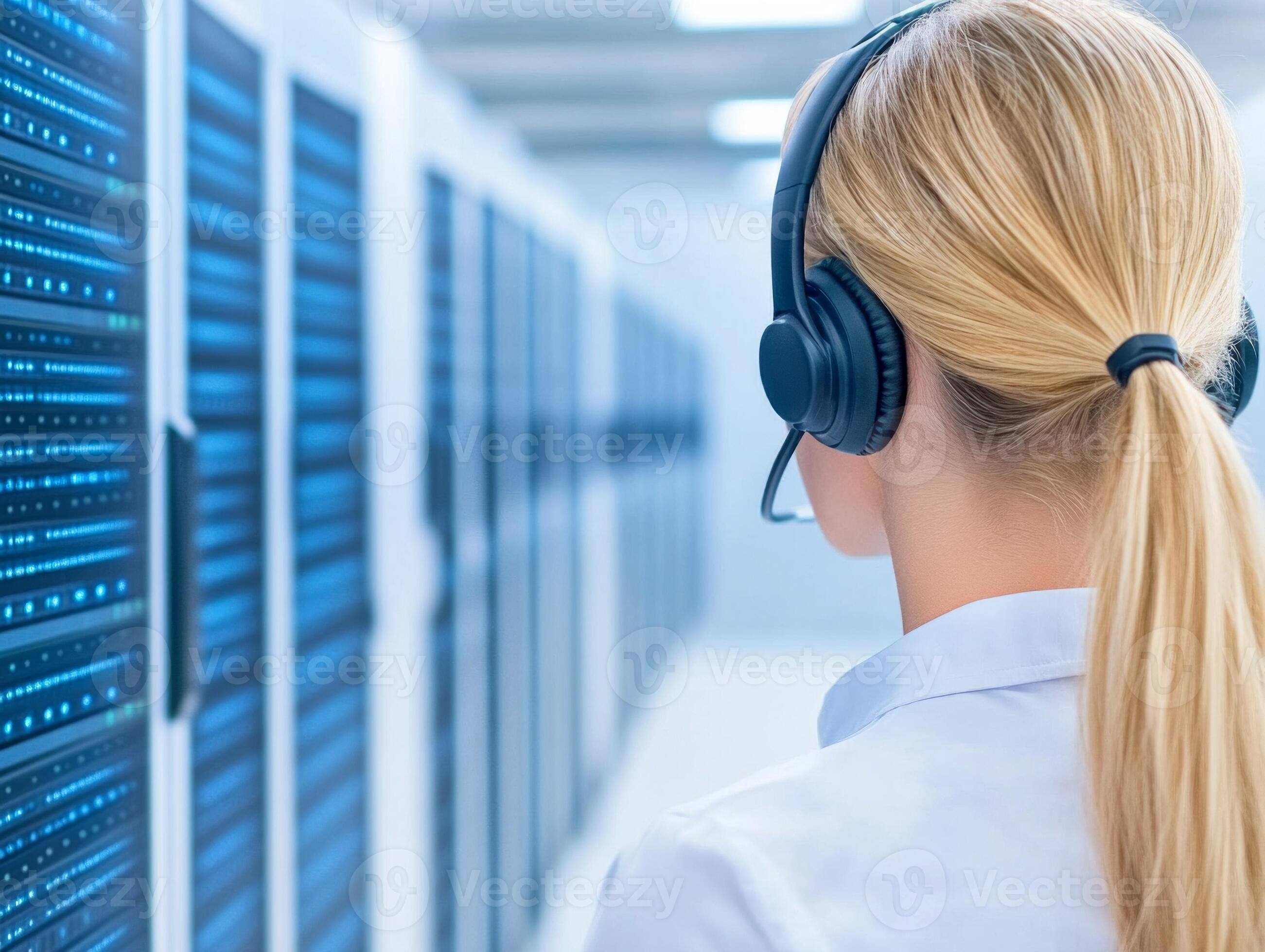 Female network technician utilizing digital interface in a data center to monitor security and ...
