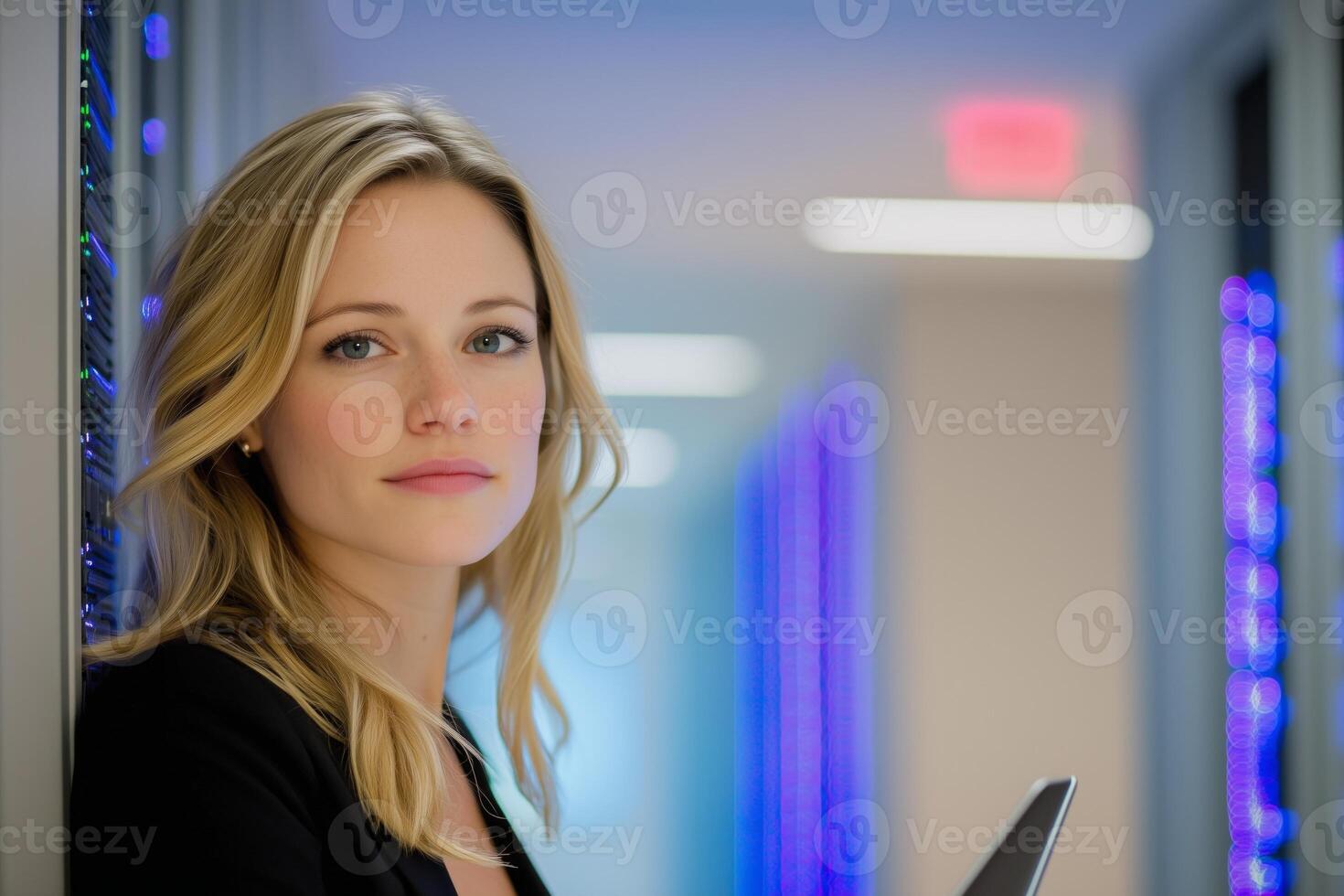Female technician monitoring network status in a modern server room with blue lighting during ...