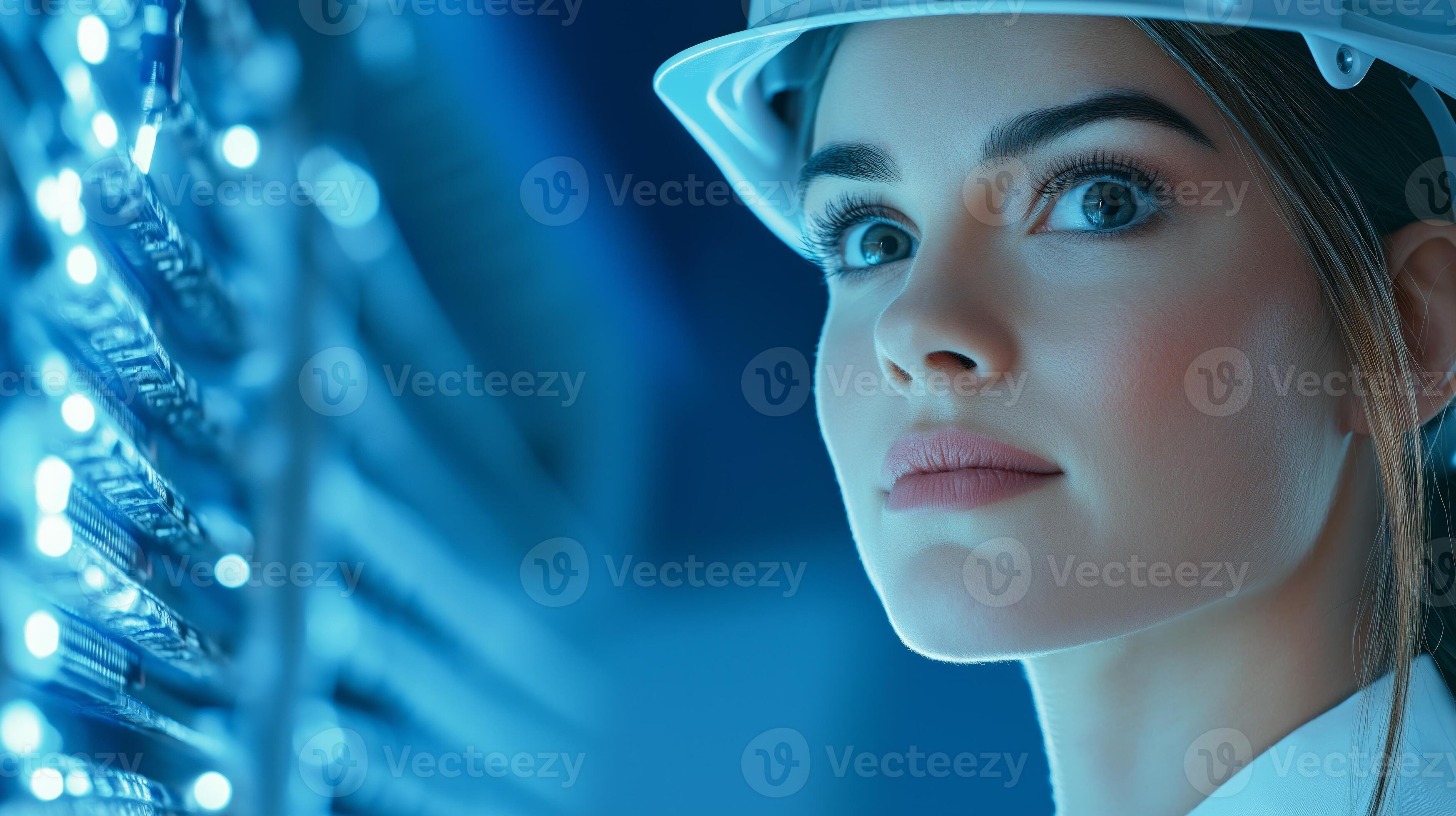 Female Engineer Inspecting Server Racks In A Data Center While Ensuring