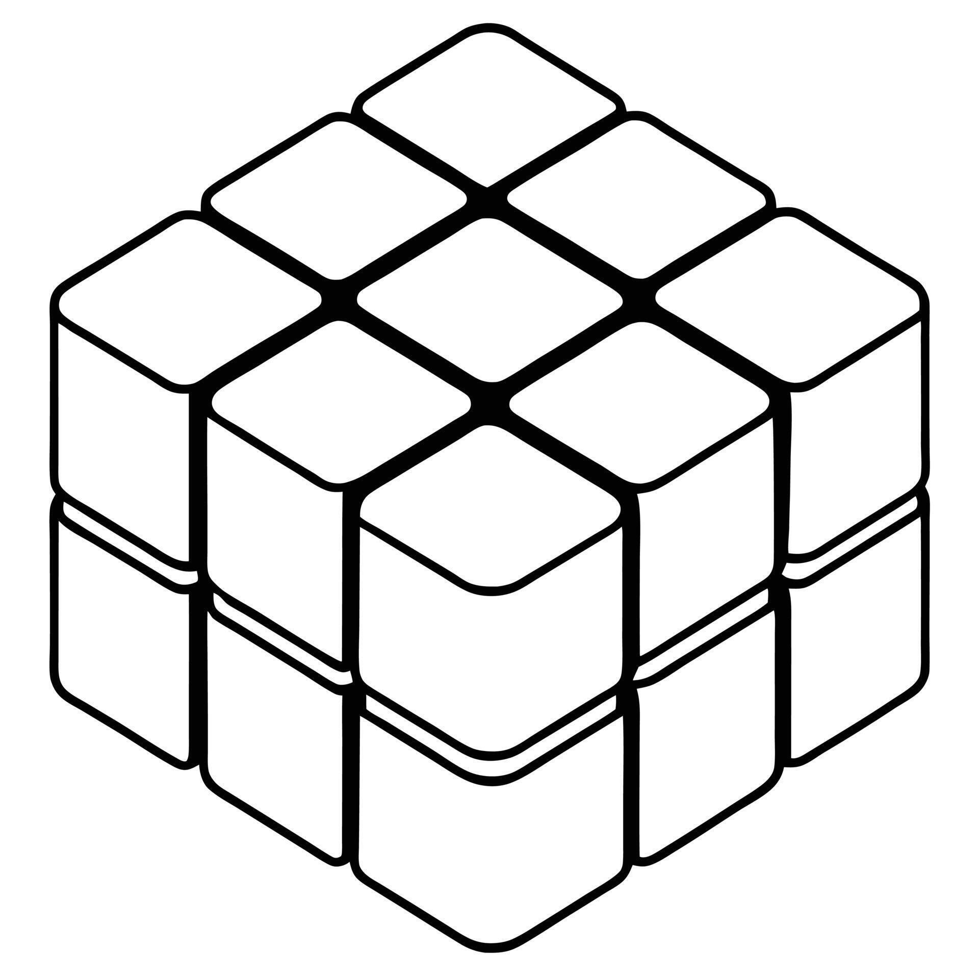 A simple line drawing of a Rubiks Cube in a 3D perspective, with black ...