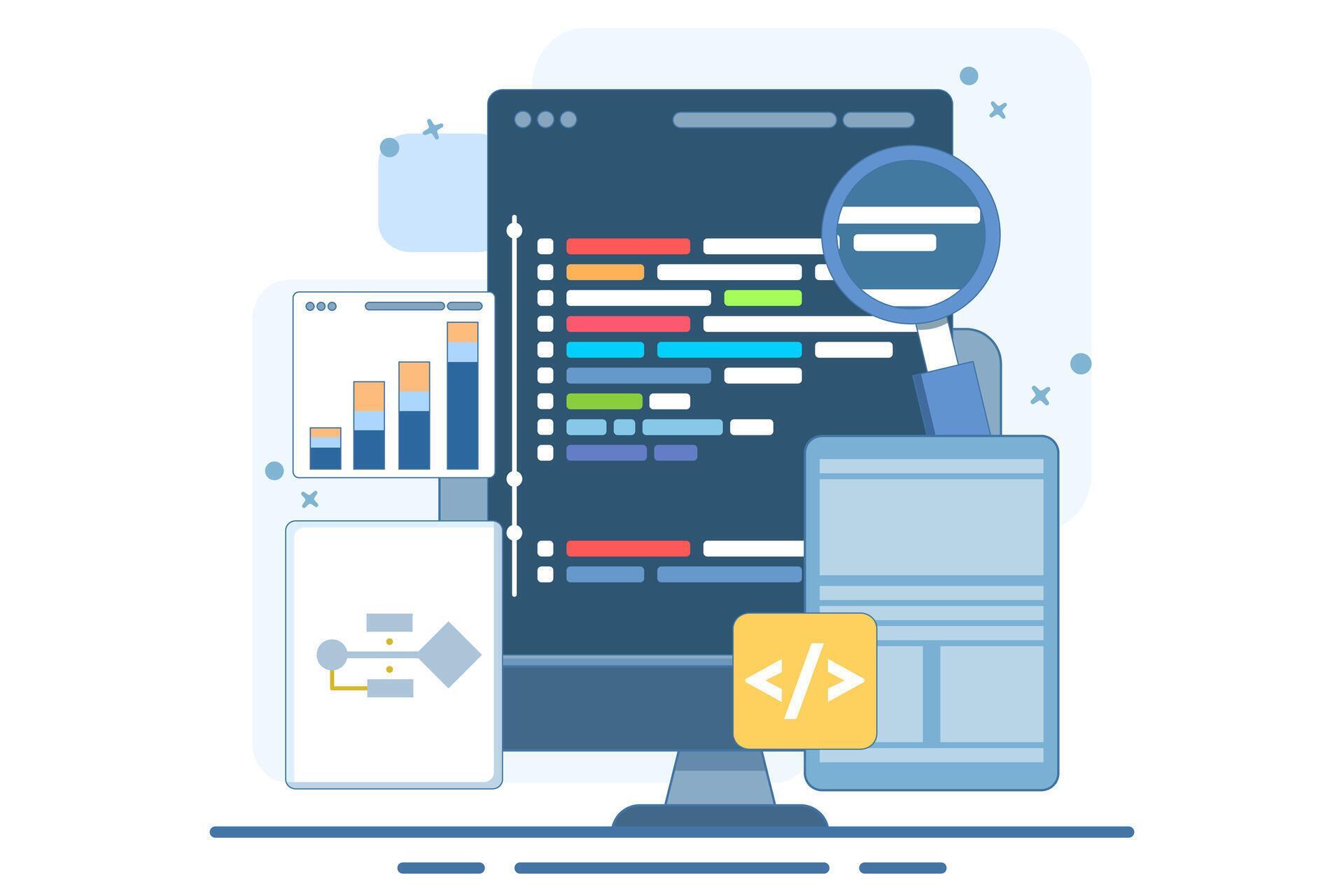 Computer Programming Concept Or Software Or Game Development Illustration With Coding Symbols