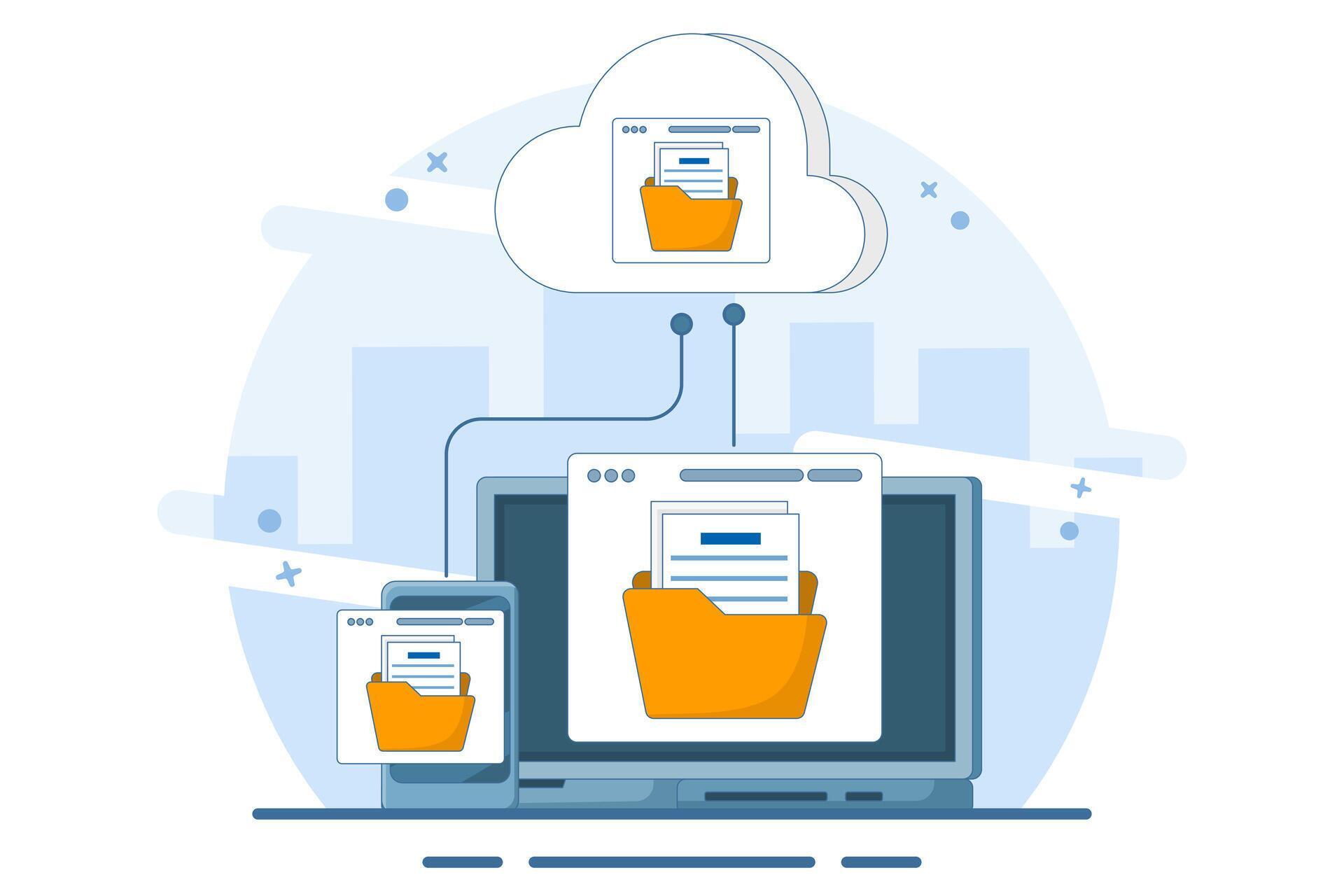 Cloud computing concept with computer monitor, laptop and smart phone device in processing ...