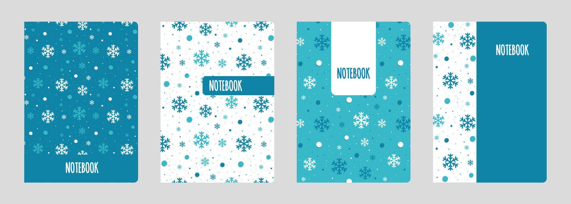 Set Of Cover Designs For Notebook Notepad Catalog With White Blue Snowflake Vertical Format