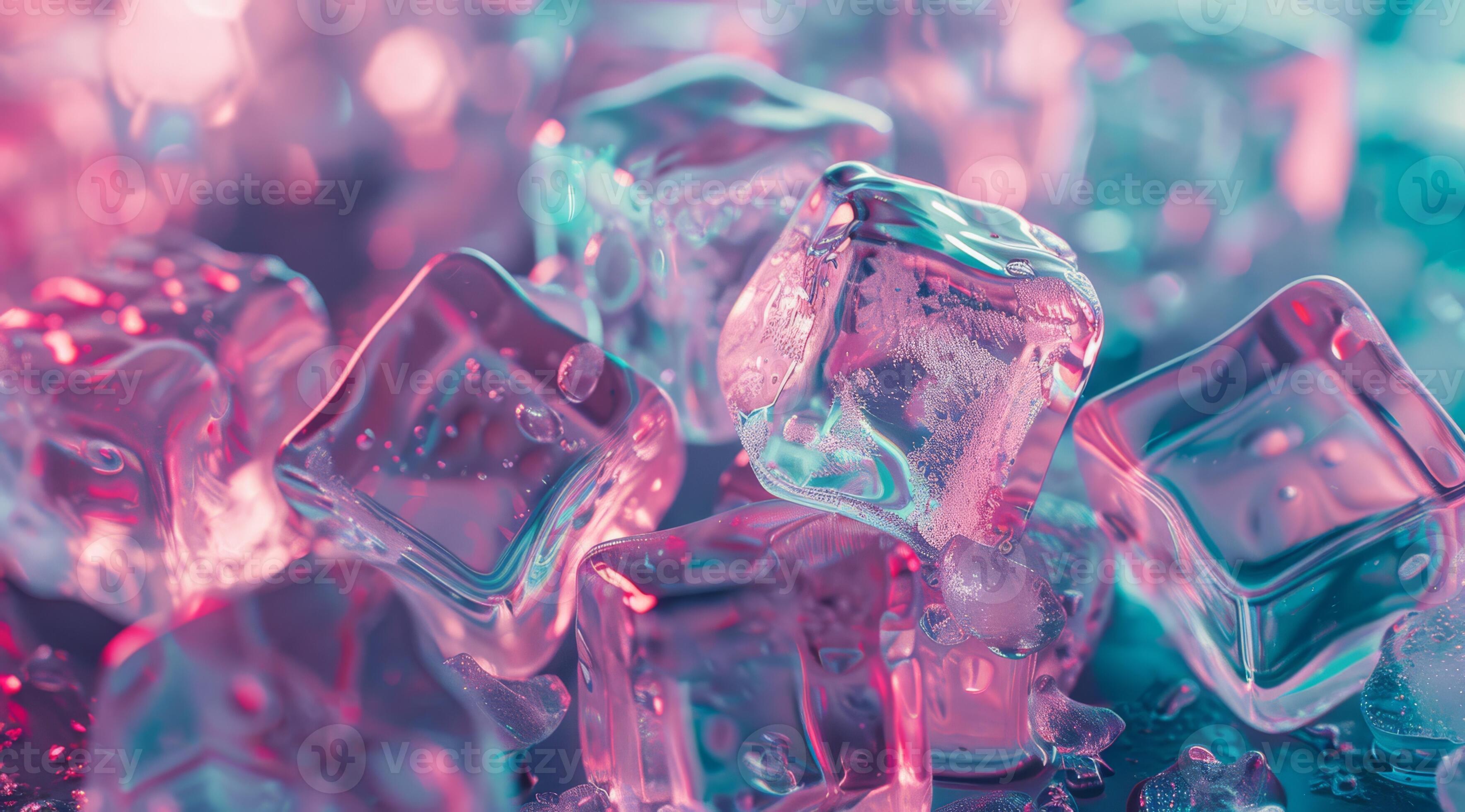 A stunning closeup view of sparkling ice cubes that are beautifully illuminated in vibrant ...