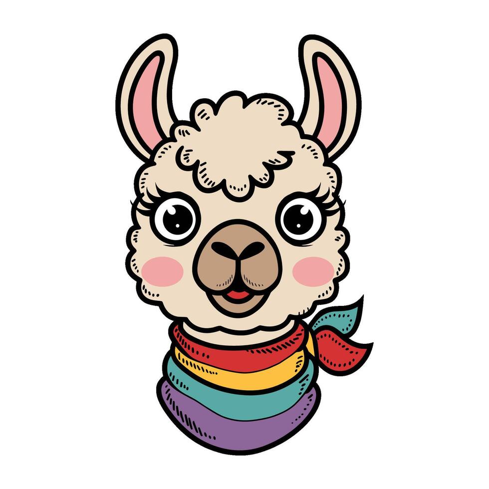 un dibujos animados dibujo de un llama vistiendo un vistoso bufanda ...